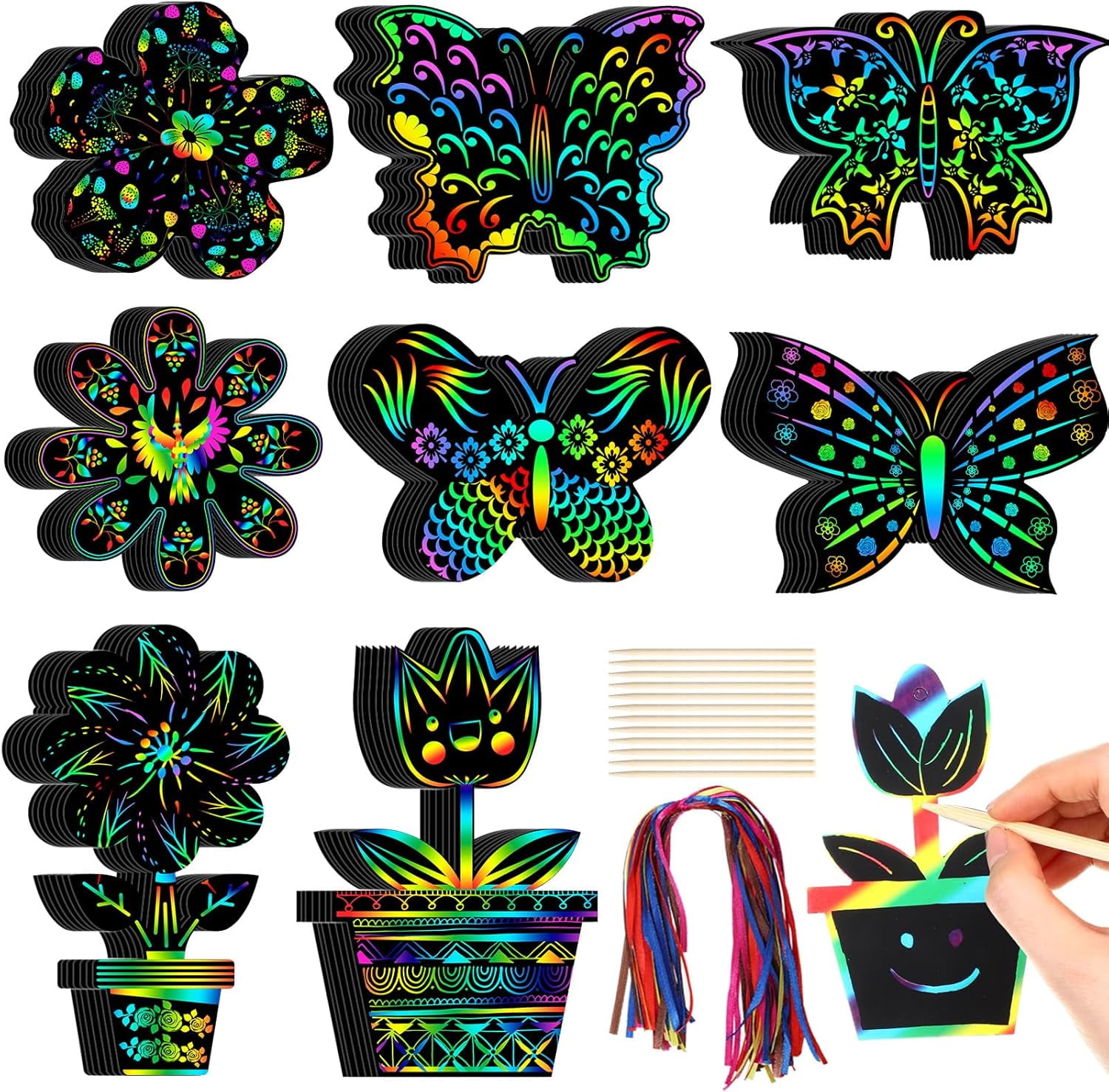 XD-80 Pcs Spring Scratch Cards Rainbow Flower Butterfly Paper for Kids ...