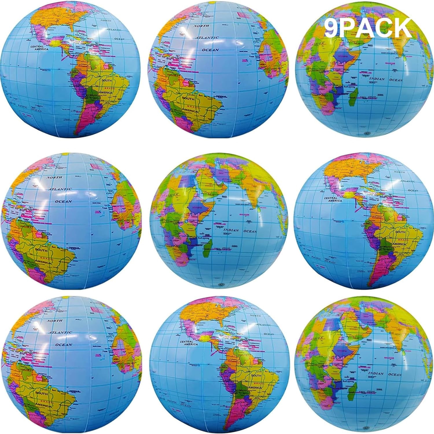 XD-9 Pack Inflatable Beach Balls Bulk Jumbo 16" World Globe Pool Toys ...