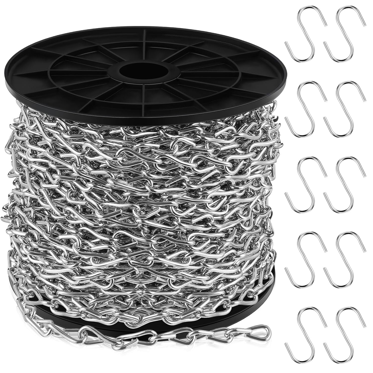 XD2-100ft Jack Chain with 10 pcs S Hooks Galvanized Steel Hanging Chain ...