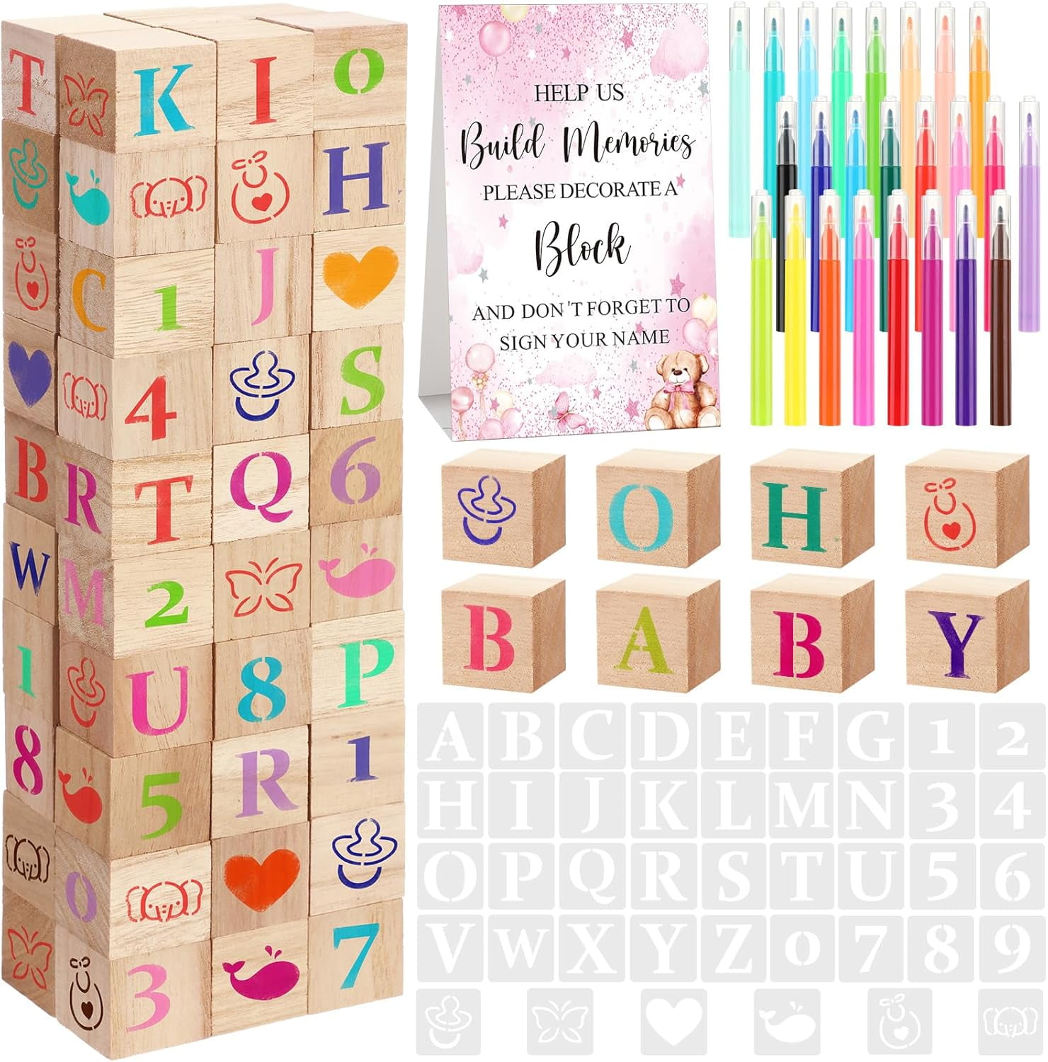 XD2-147 Pcs Baby Shower Games Decorate Blocks Sets, 80 DIY Blank Wooden Block 42 Stencils 24 ...