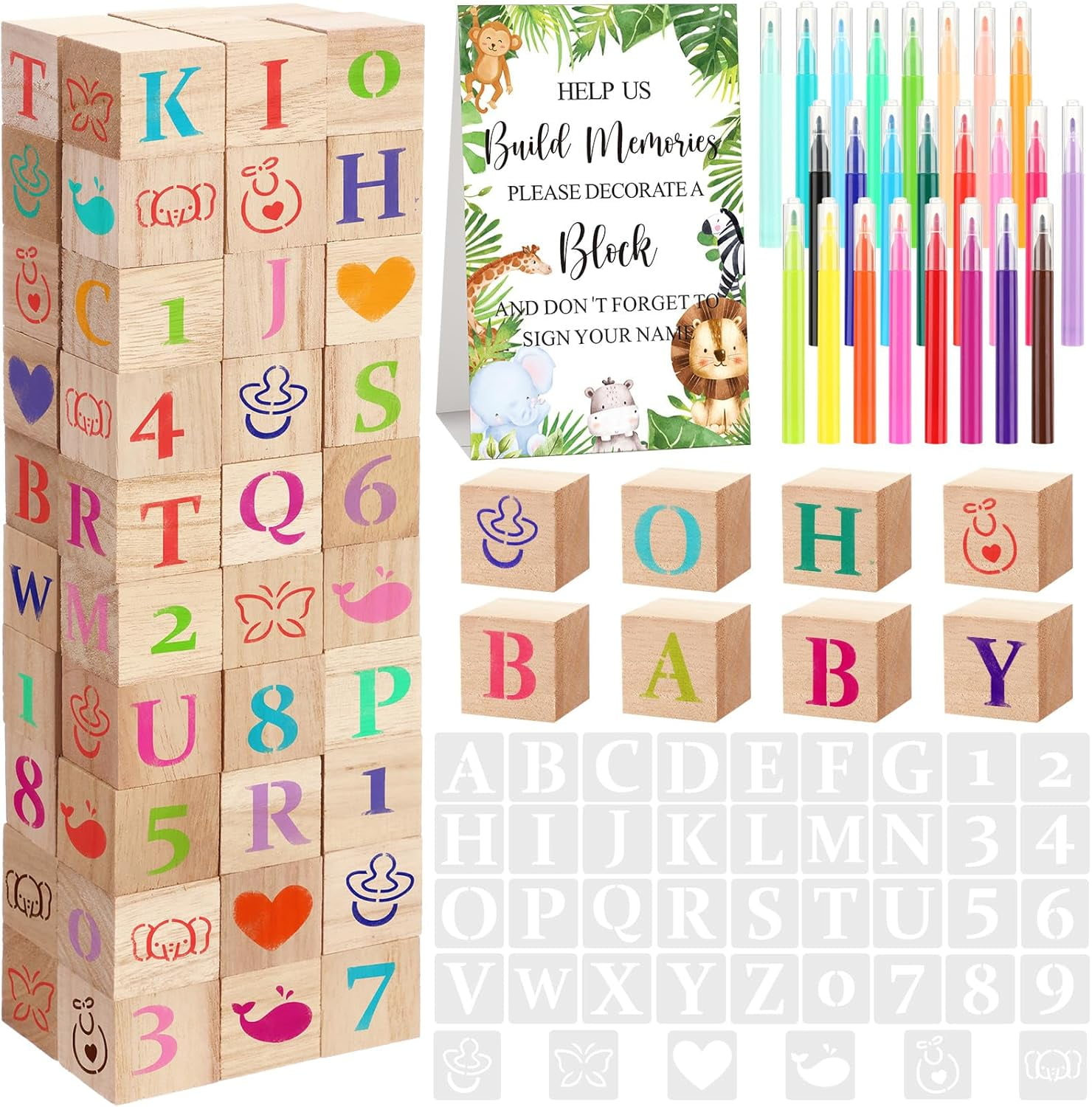 XD2-147 Pcs Baby Shower Games Decorate Blocks Sets, 80 DIY Blank Wooden ...