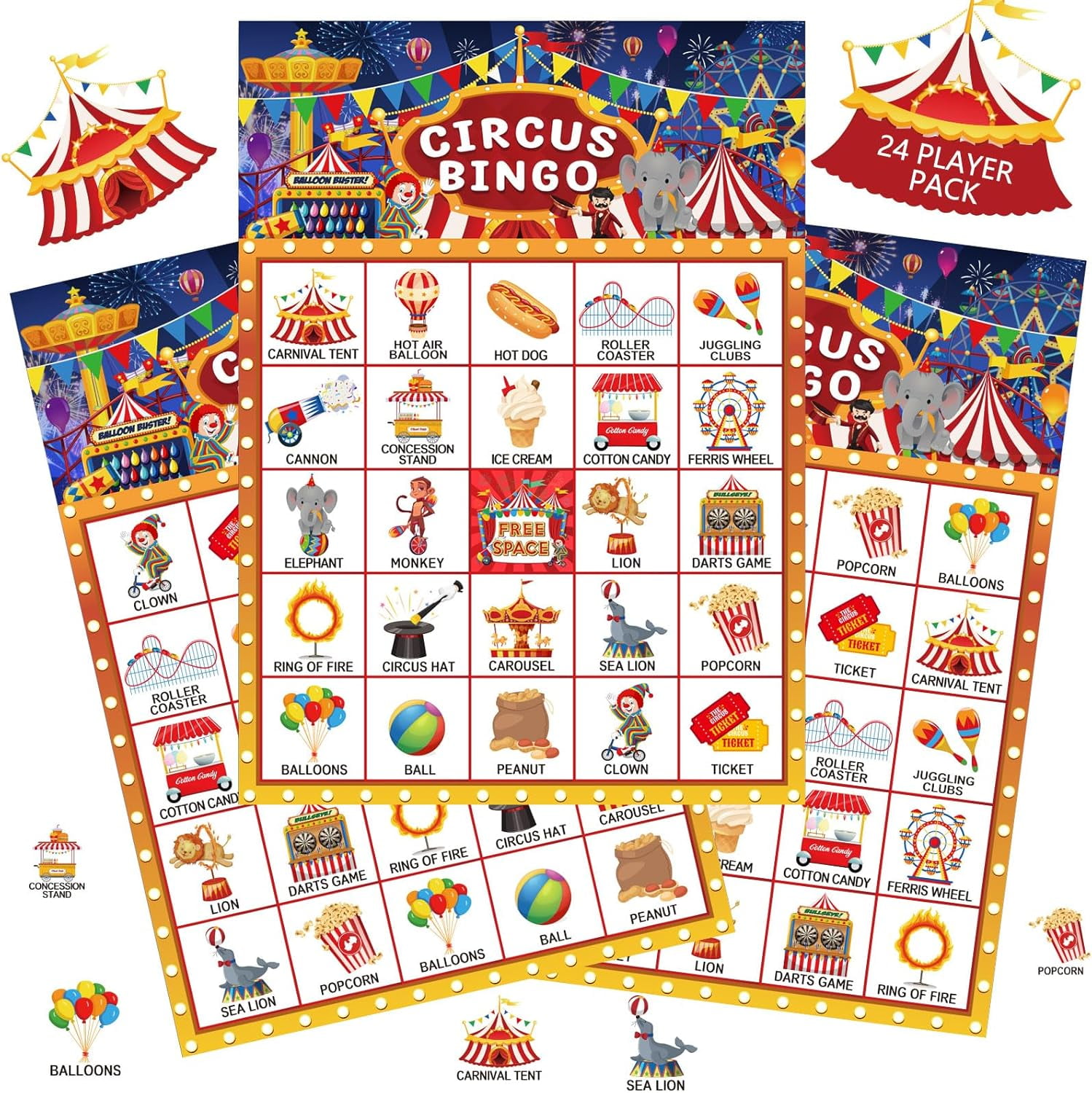 XD2-35 Pcs Carnival Party Games 24 Players Circus Bingo Games Carnival ...