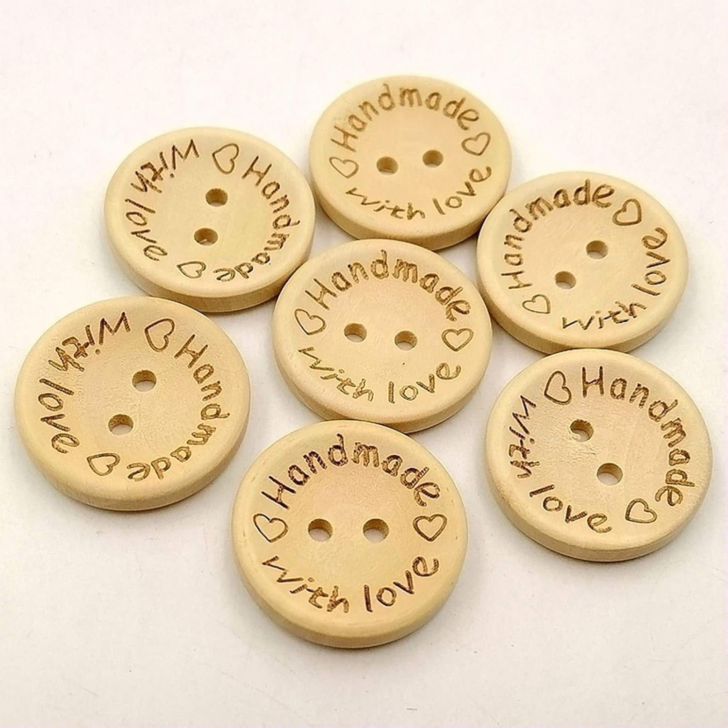 XD2-50Pcs Brown Buttons Round 2 Holes Handmade with Love Letter Wooden ...