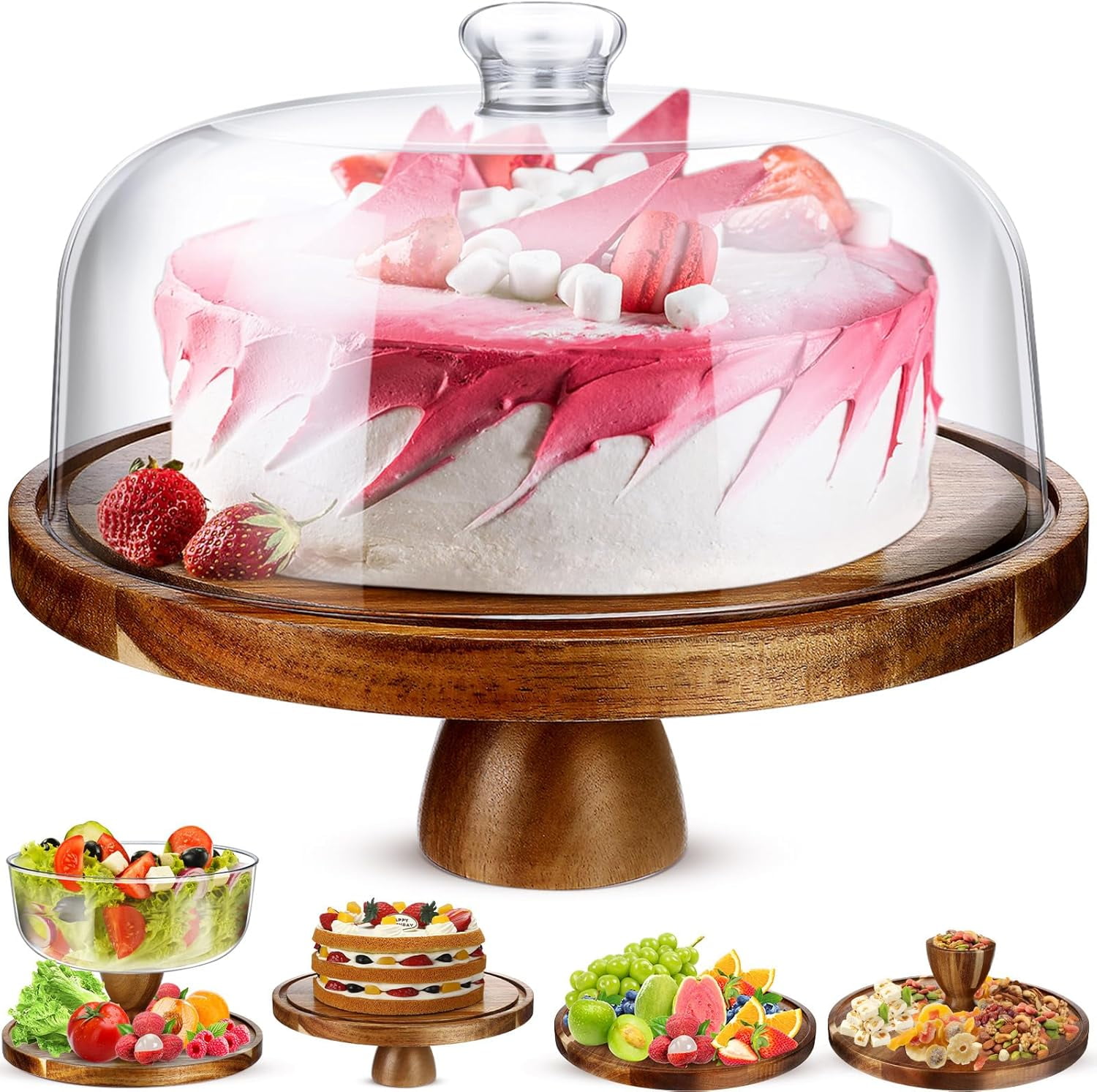 XD2-Acacia Wood Cake Stand with Lid 12 Inch Round Cake Holder 6 in 1 ...