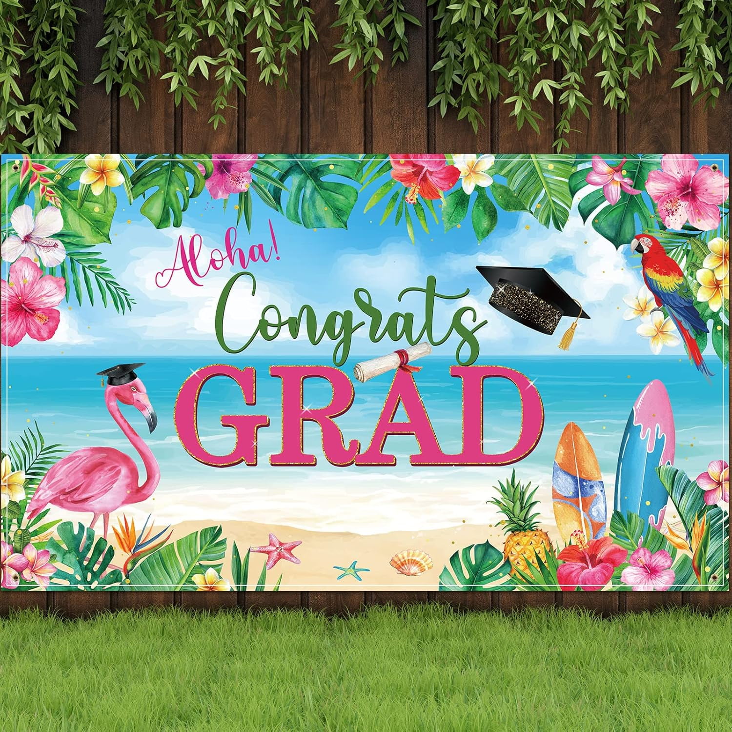 XD2-Graduation Party Backdrop Aloha Congrats Grad Background Tropical ...