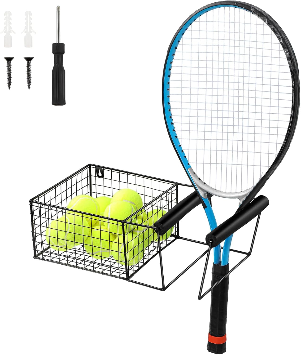 XD2-Hanging Metal Tennis Racquet and Ball Storage Basket Wall Mounted ...
