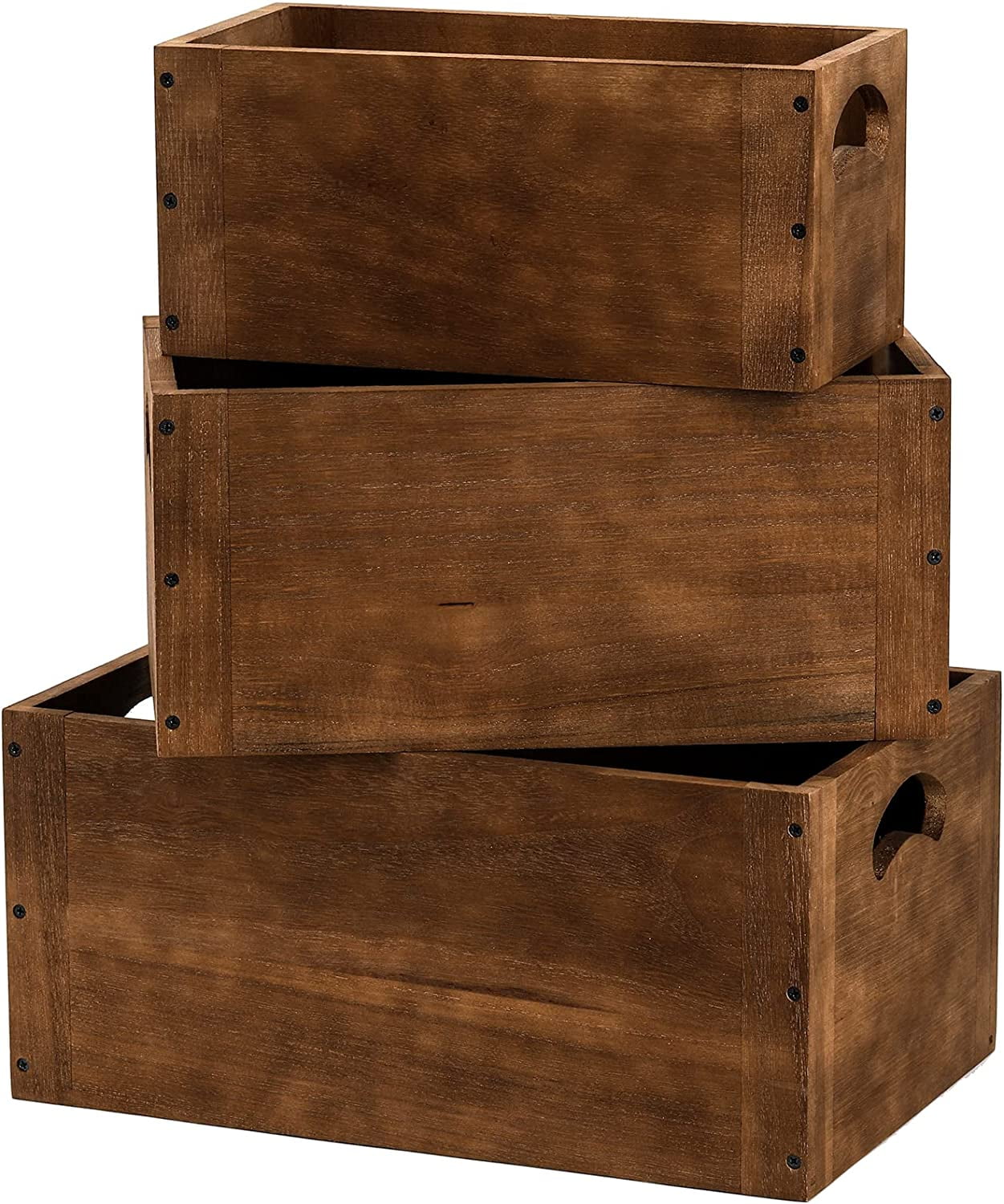 XD2-Set of 3 Nesting Wooden Crates, Wood Crate Box with Handle, Rustic ...