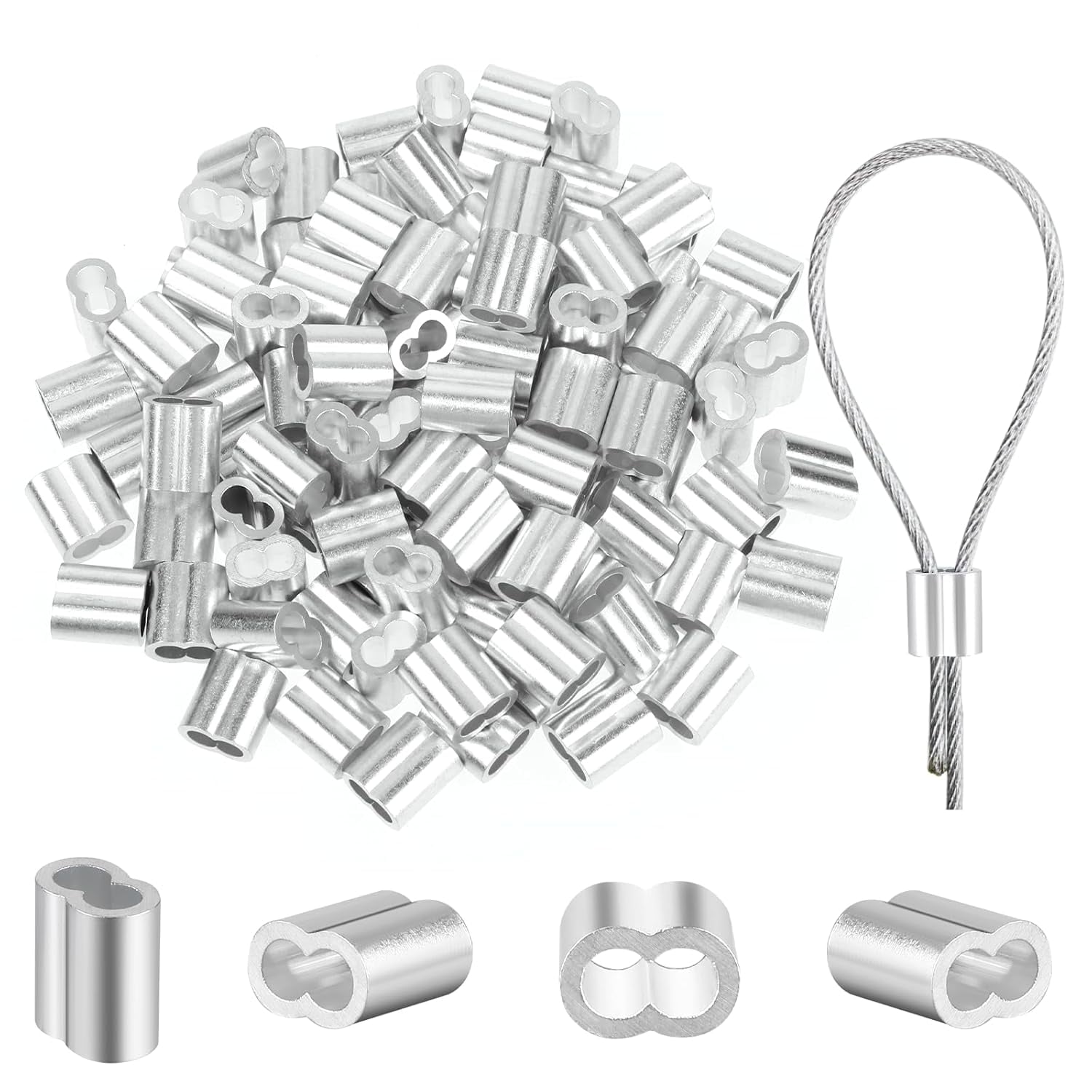 XD3-100 Pcs Aluminum Crimping Loop Sleeve, 1/8" Cable Crimp Wire Rope ...