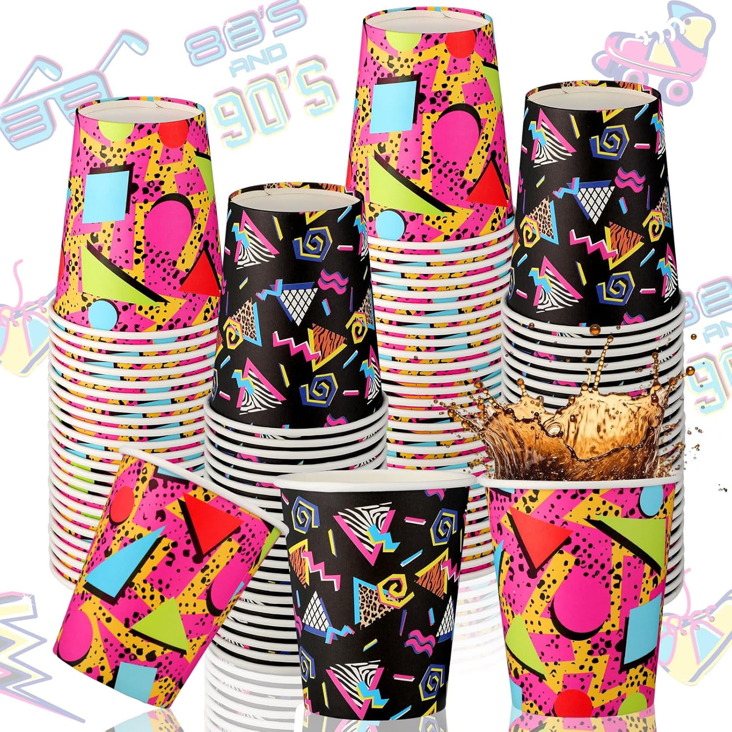 XD3-100 Pcs Retro 80s 90s Disposable Paper Cups 9 oz Disco 80s Party ...