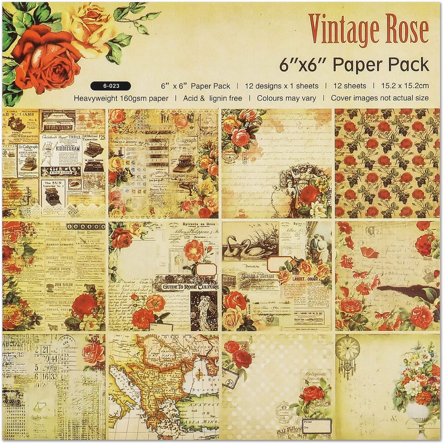 XD3-12 Sheets Vintage Rose Paper Pad 6" Single Sided Patterned ...
