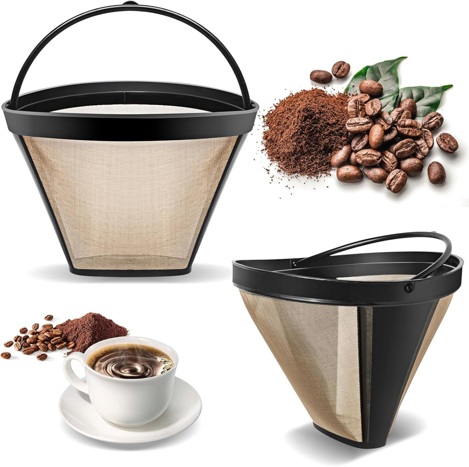 XD3-2Pcs Reusable No.4 Cone Coffee Filters, 8-12 Cup Gold Coffee Filter ...