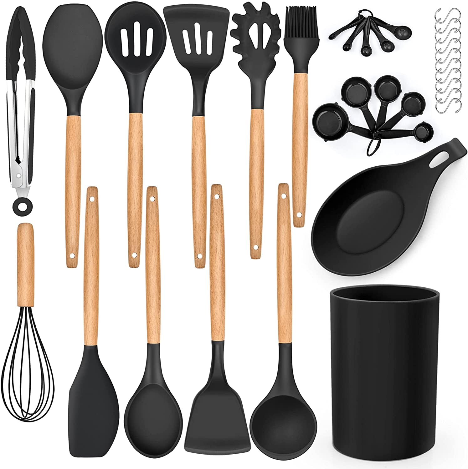 XD3-33-Piece Silicone Kitchen Cooking Utensils Set with Holder, Wooden ...