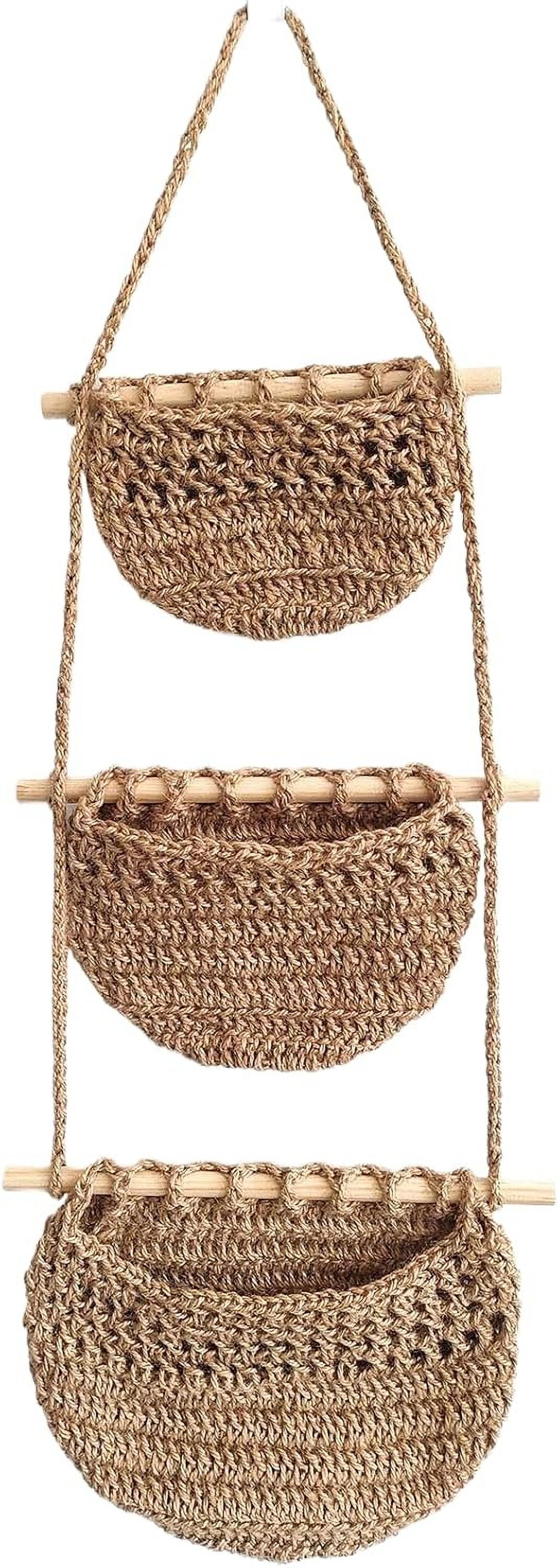 XD3-Hanging Fruit Basket, Handmade 3 Tier Woven Jute Wall Hanging ...