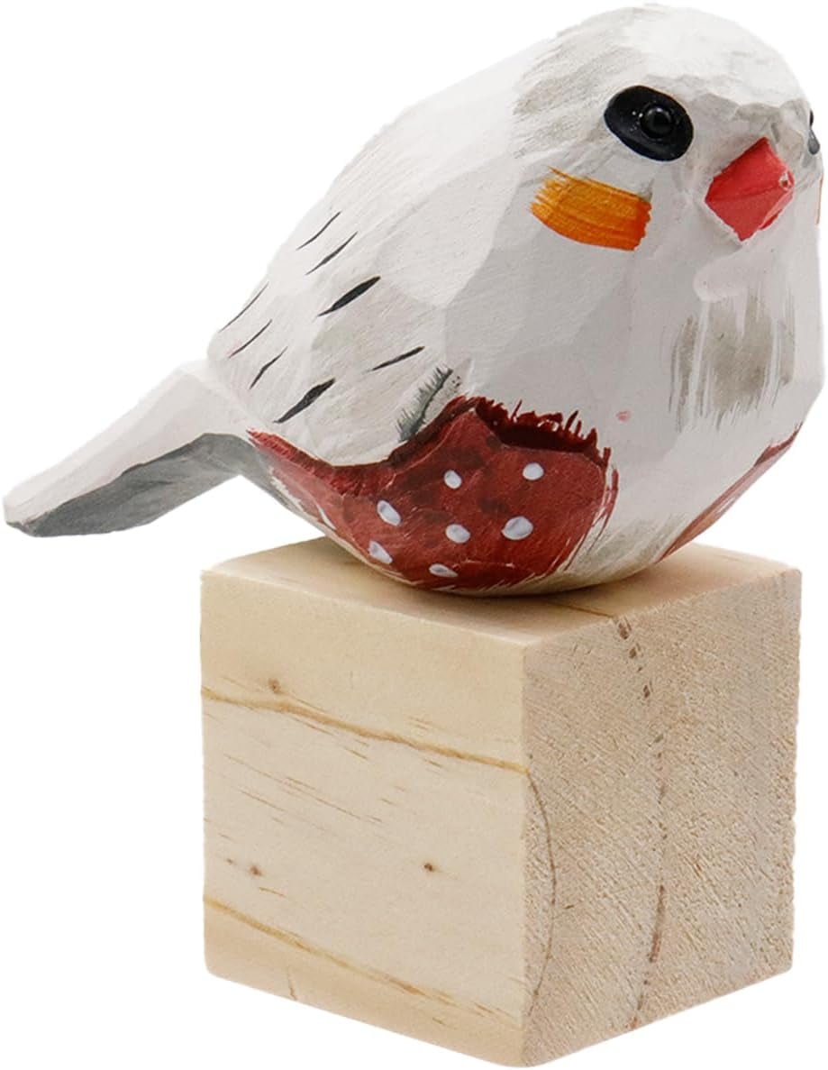 XD3-Little Wooden Bird Statue Handmade Carved Bird Home Decor White Java Sparrow Bird Small ...