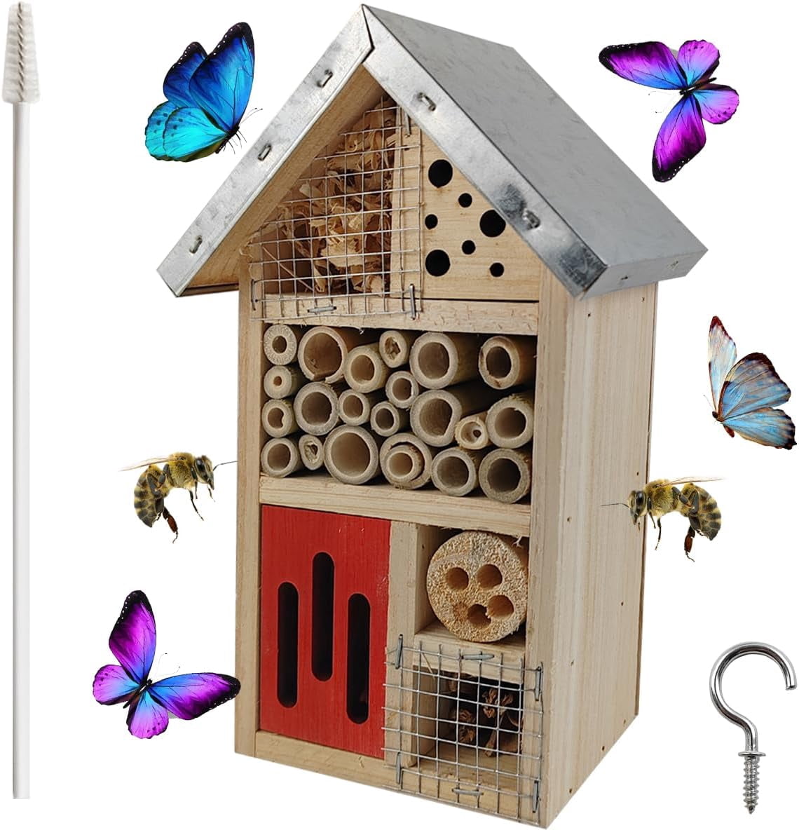 XD3-Natural Wooden Hanging Bee House for Gardens Natural Wooden ...