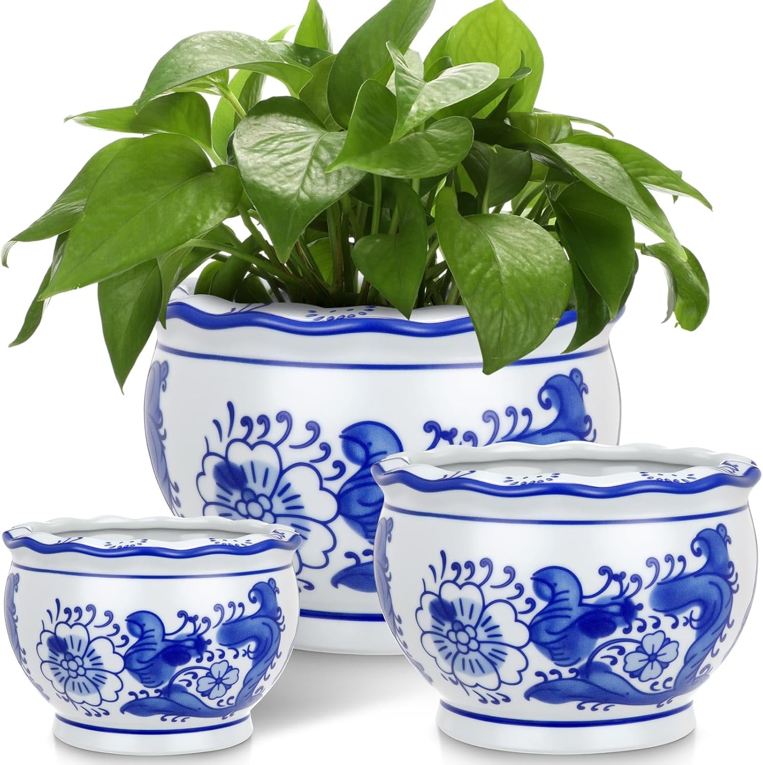 XD3-Set of 3 Blue and White Porcelain Flower Pots 7.2'' 6'' 4 ...