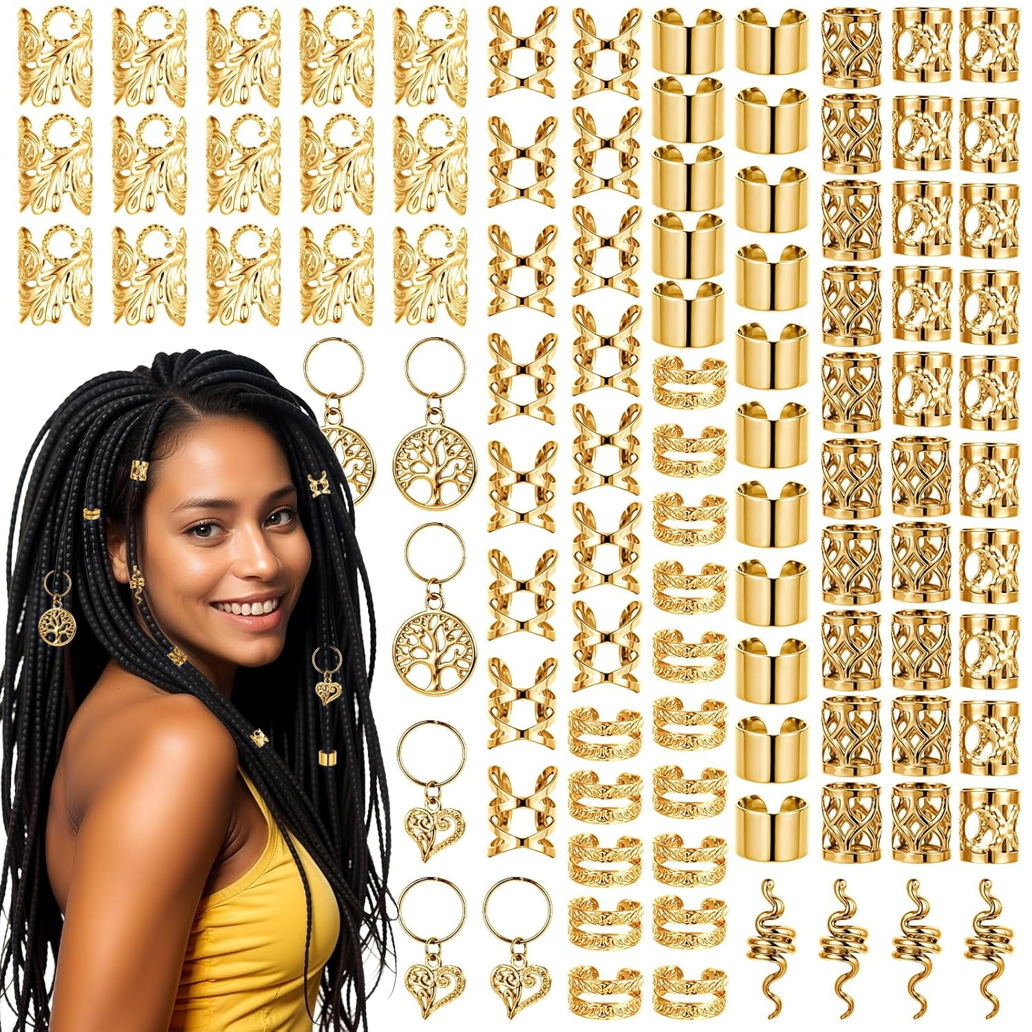 XD4-100 Pcs Gold Hair Jewelry for Braids Accessories,Metal Hair Rings MultiStyle,Adjustable Hair ...