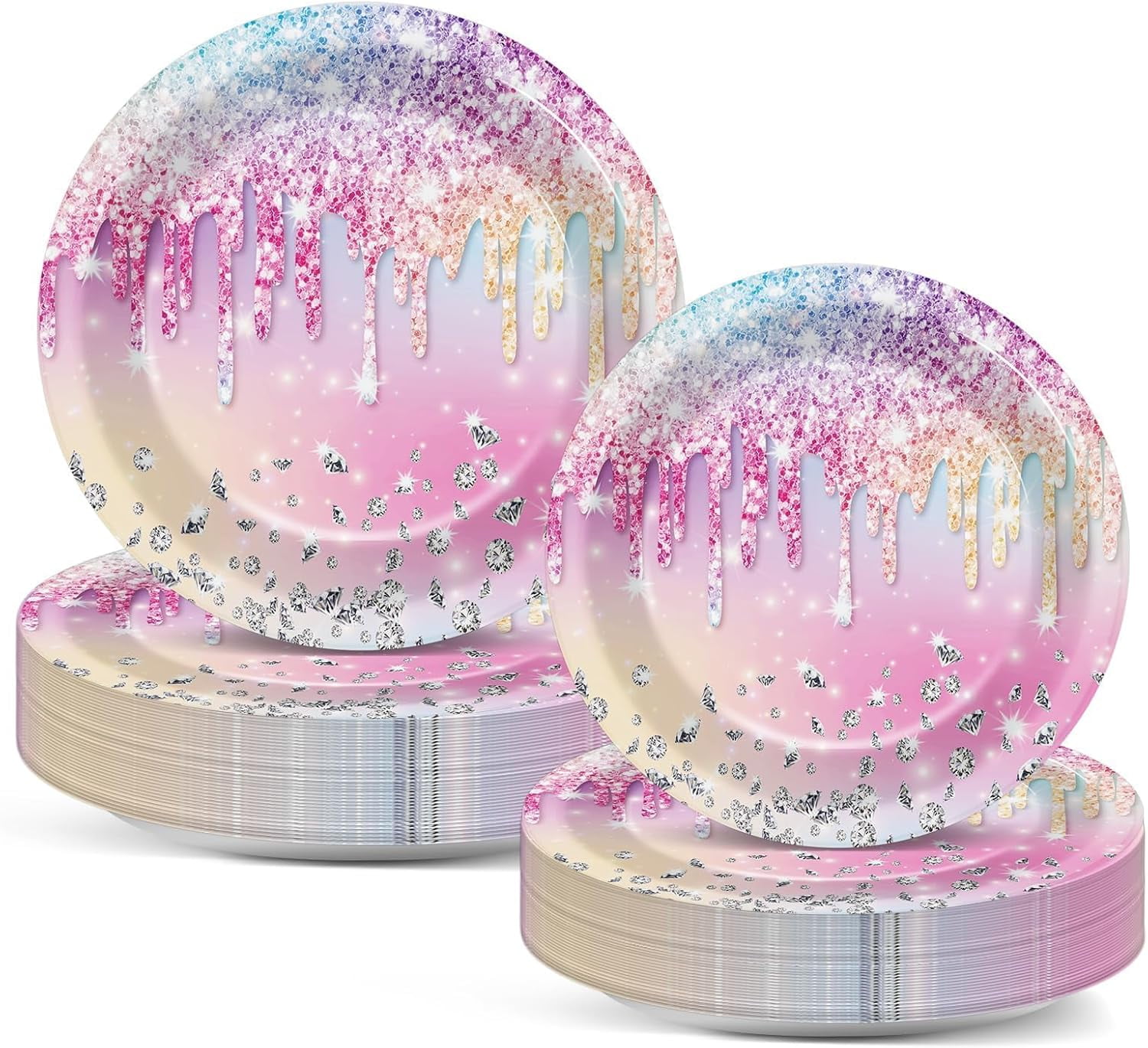 XD4-100 Pcs Iridescent Diamond Glitter Birthday Party Plates Iridescent ...