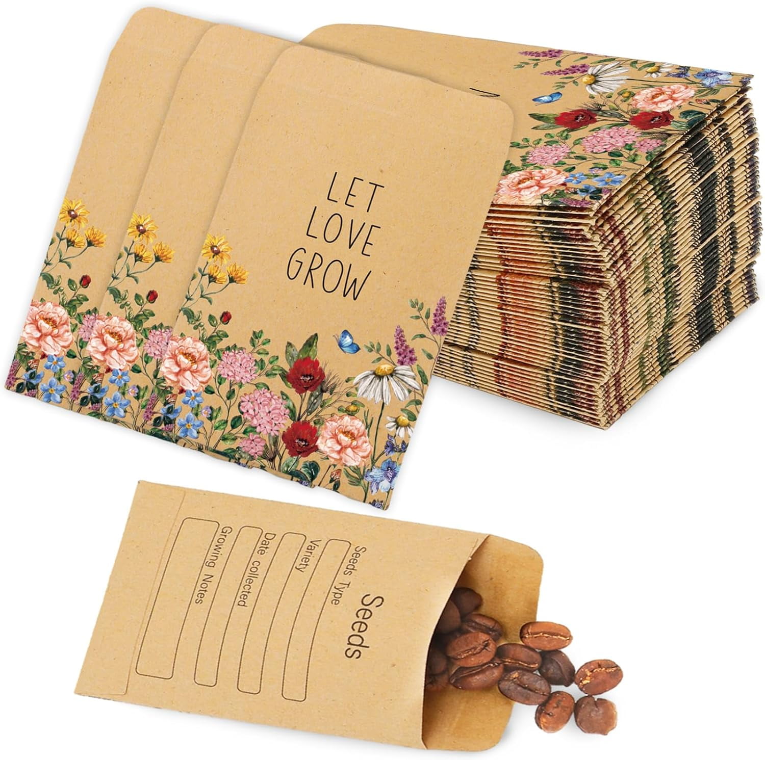 XD4-100Pcs Wildflower Seed Packets Let Love Grow Self-Adhesive Kraft ...
