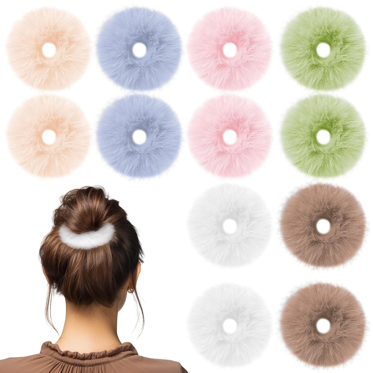 XD4-12 Pcs Furry Hair Scrunchies for Women, Elastic Bobbles Hair Bands ...