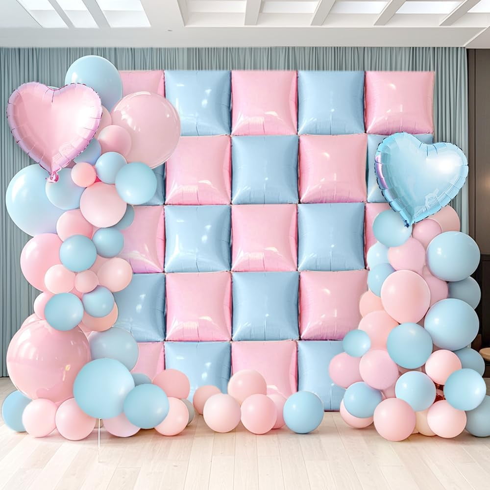 XD4-123Pcs Pink and Blue Square Foil Balloon Wall Backdrop Gender Reveal Themed Party Decoration ...