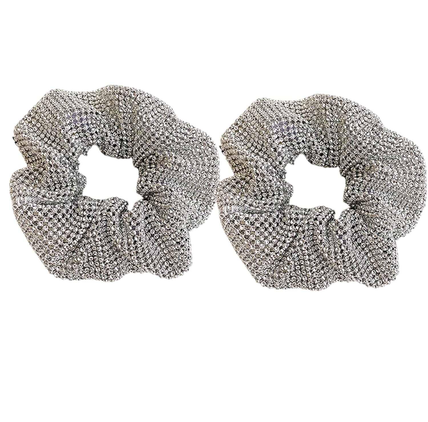 XD4-2 Pack Bling Hair Scrunchies Silver Sparkly Scrunchy Bobbles Elastic Hair Bands Ties Twist ...