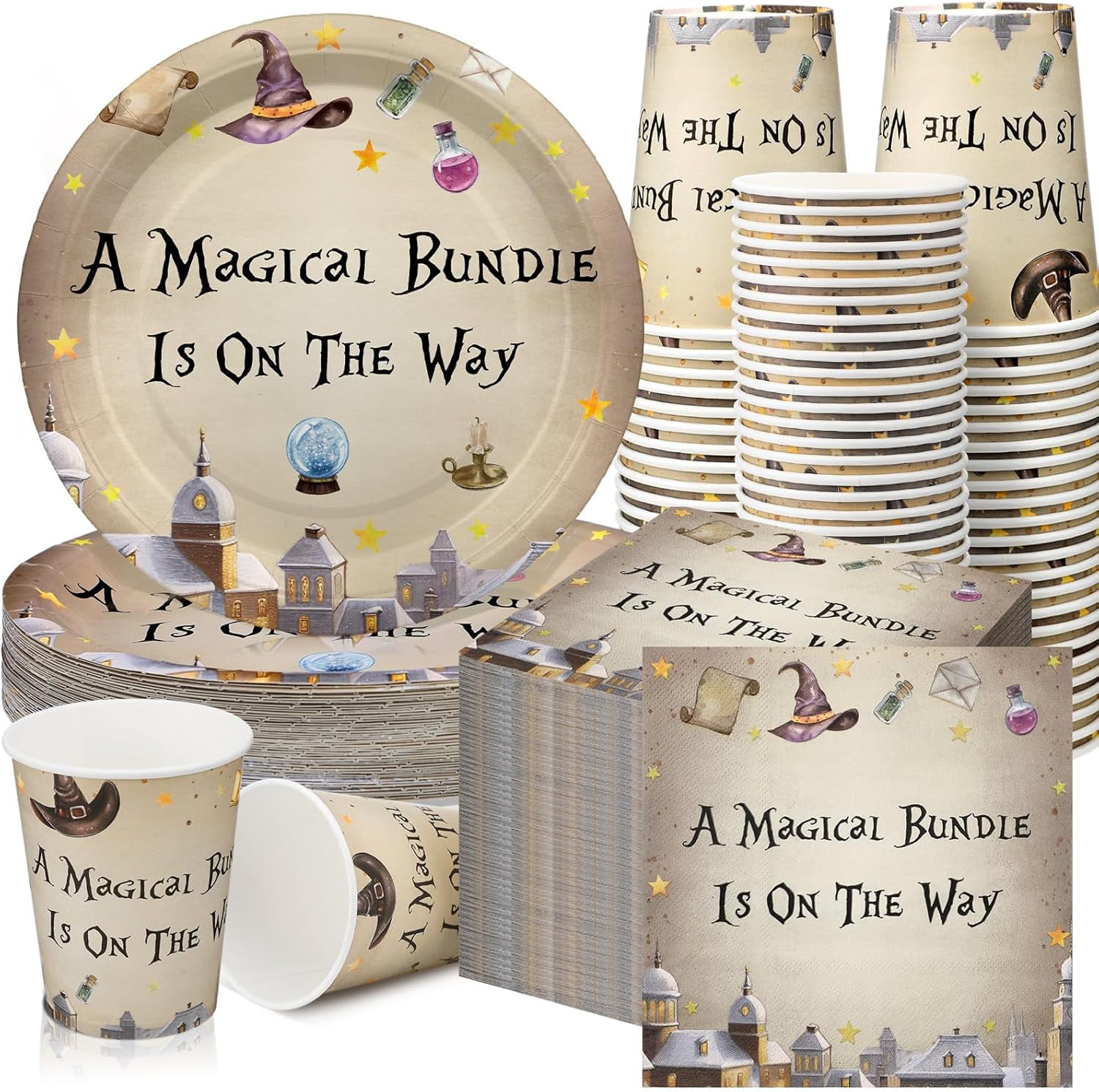 XD4-200 Pcs Magical Wizard Baby Shower Paper Plates Napkins Cups Baby ...