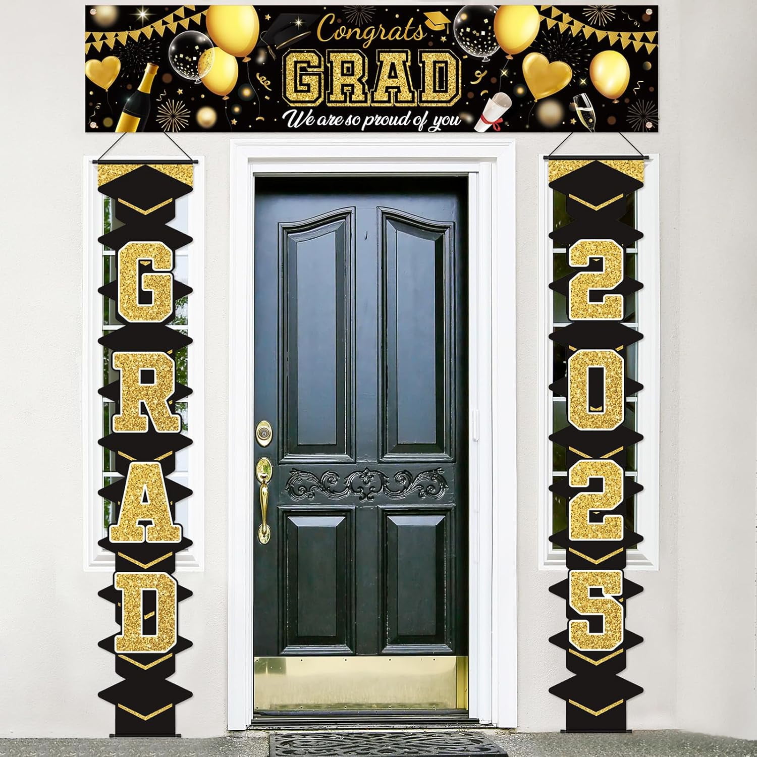 XD4-2025 Grad Door Banner Black and Gold Grad Porch Sign Congrats ...