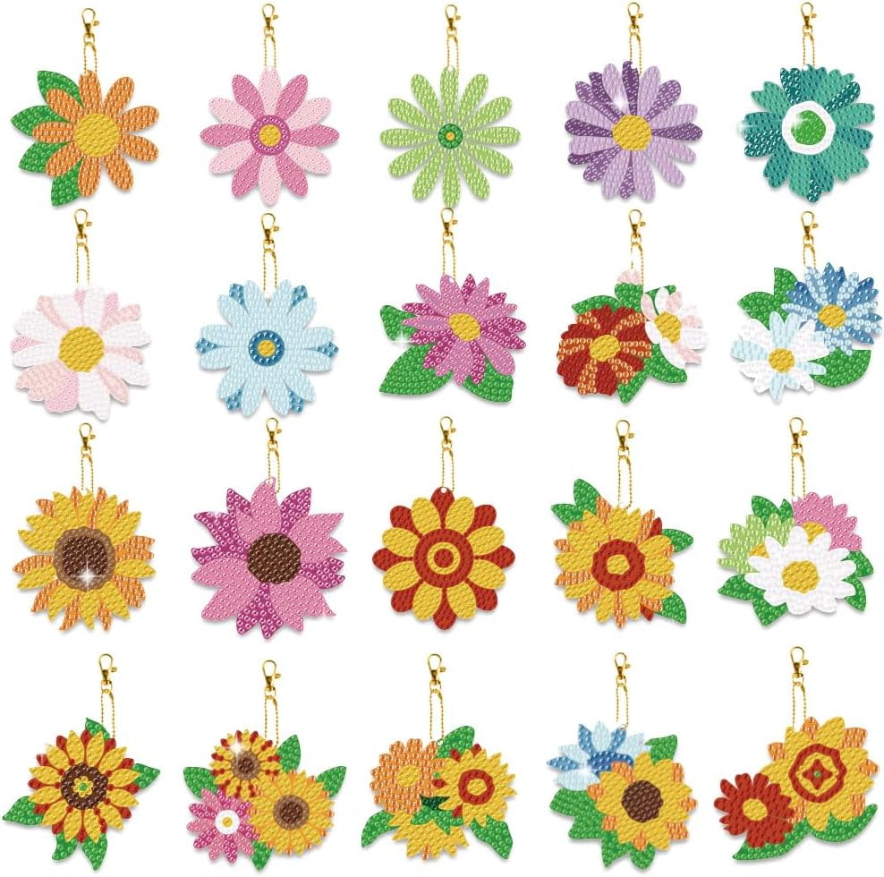 XD4-20pcs 5D Flowers Diamond DIY Painting Keychains Daisy Sunflower ...