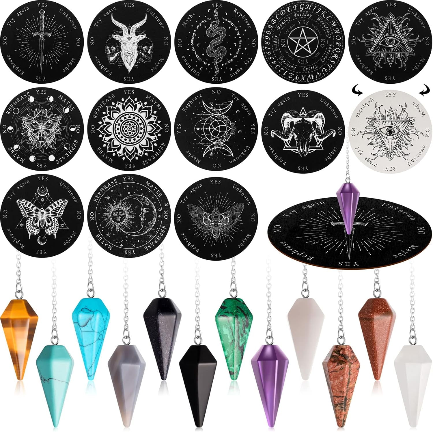 XD4-24 Pieces Crystal Pendulums Bulk Set Pendulum Board and Dowsing ...