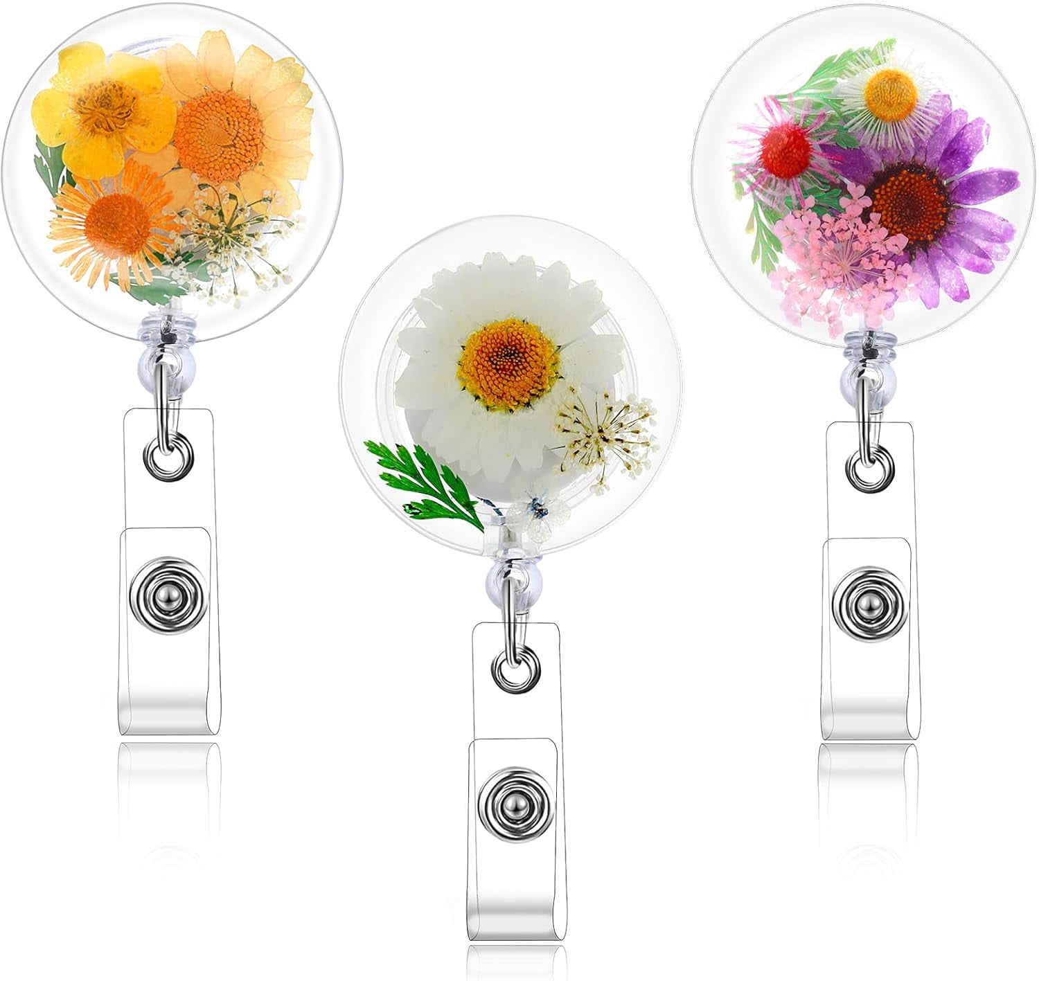 XD4-3 Pcs Dried Flower Retractable Badge Reel, Resin Round ID Card ...