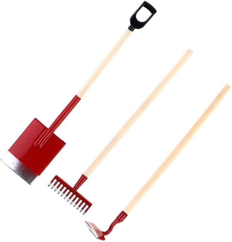 XD4-3 Pcs Red Miniature Garden Tools 1:12 Mini Shovels and Rake Farm ...