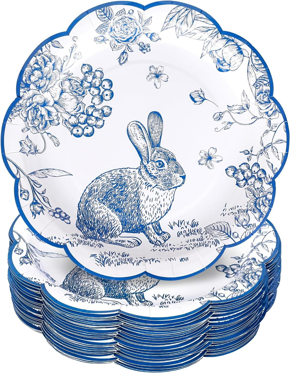 XD4-40Pcs Easter Scalloped Paper Plates Blue Floral Bunny Disposable ...