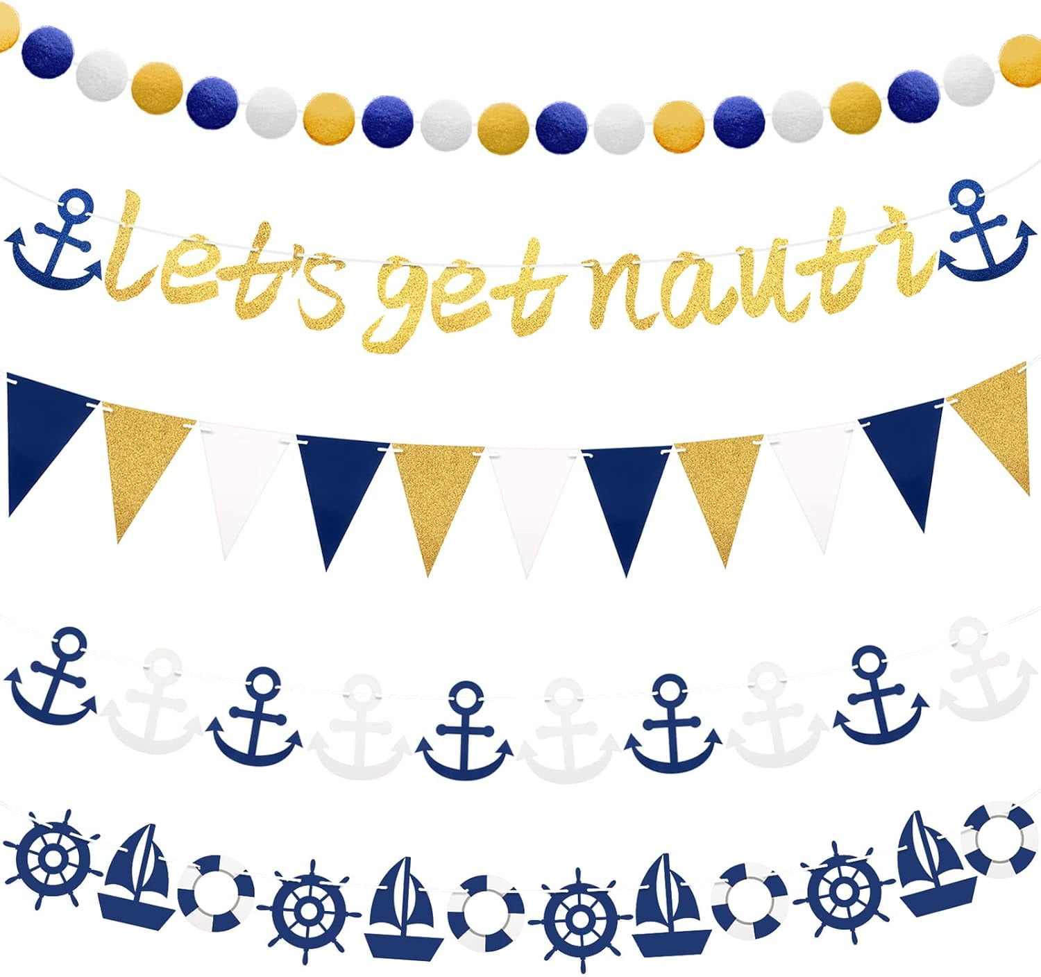 XD4-5 Pieces Let's Get Nauti Gold Glitter Banner Cruise Bachelorette ...