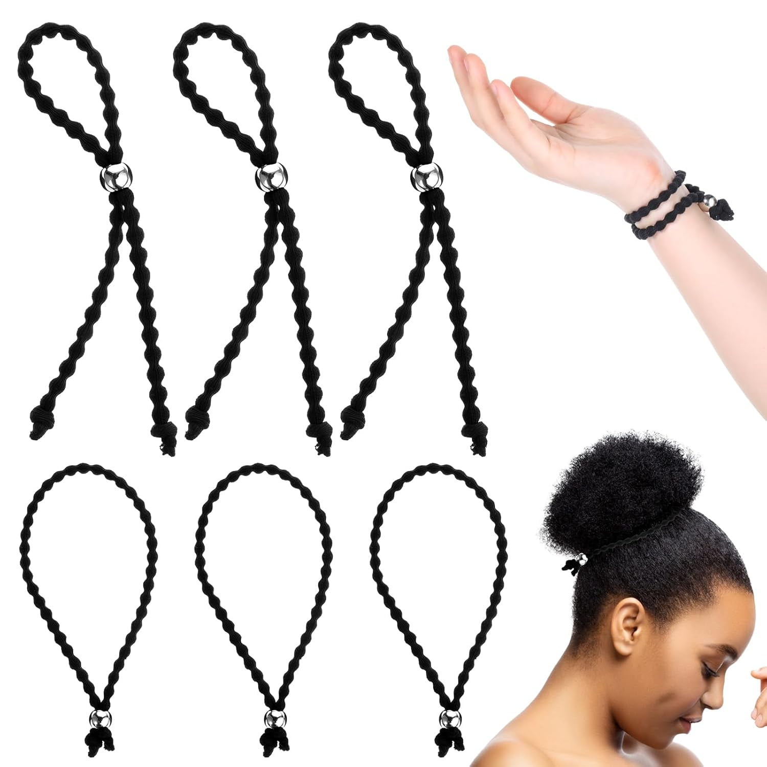 XD4-6 Pcs Adjustable Length Hair Ties for Thick Hair Afro Puff Black ...