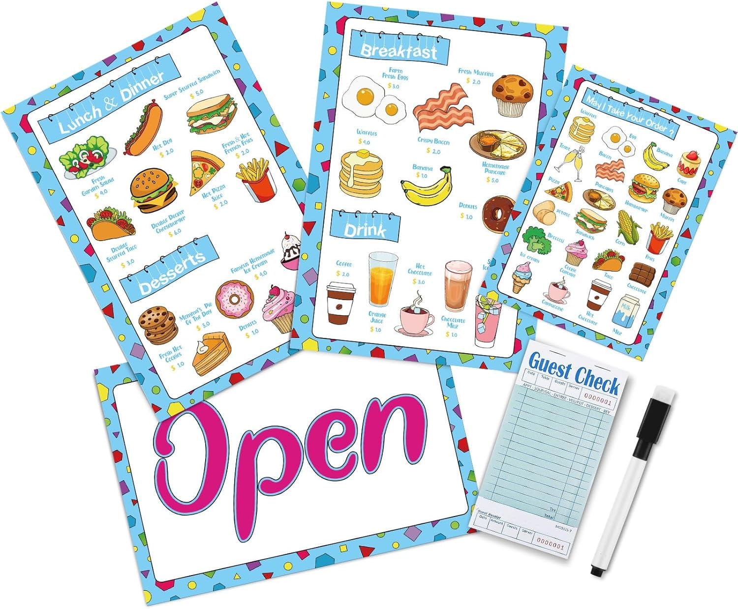 XD4-6 Pcs Pretend Play Restaurant Menus Toy Set for Kids, Kitchen Food ...