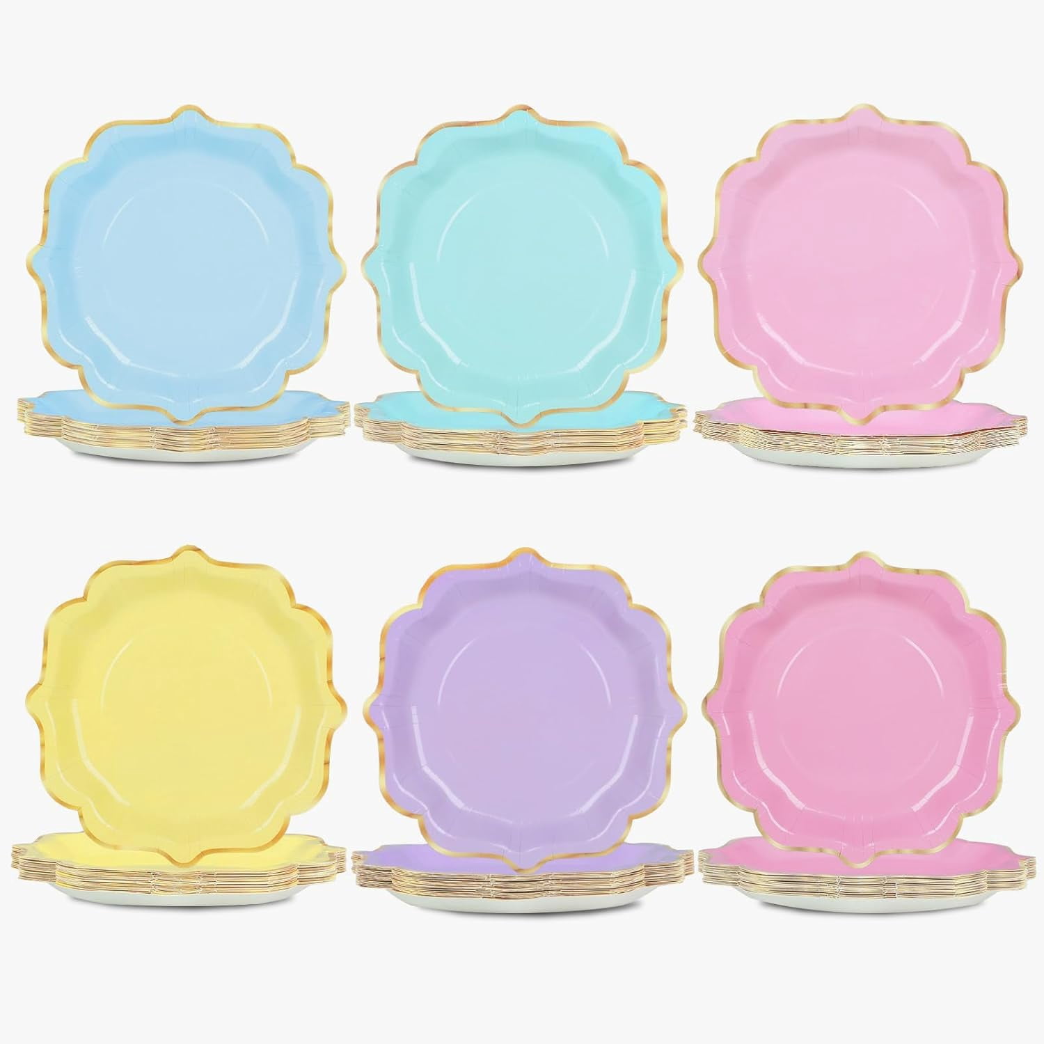 XD4-60Pcs Pastel Rainbow Scalloped Paper Plates 9in Colorful Pastel ...