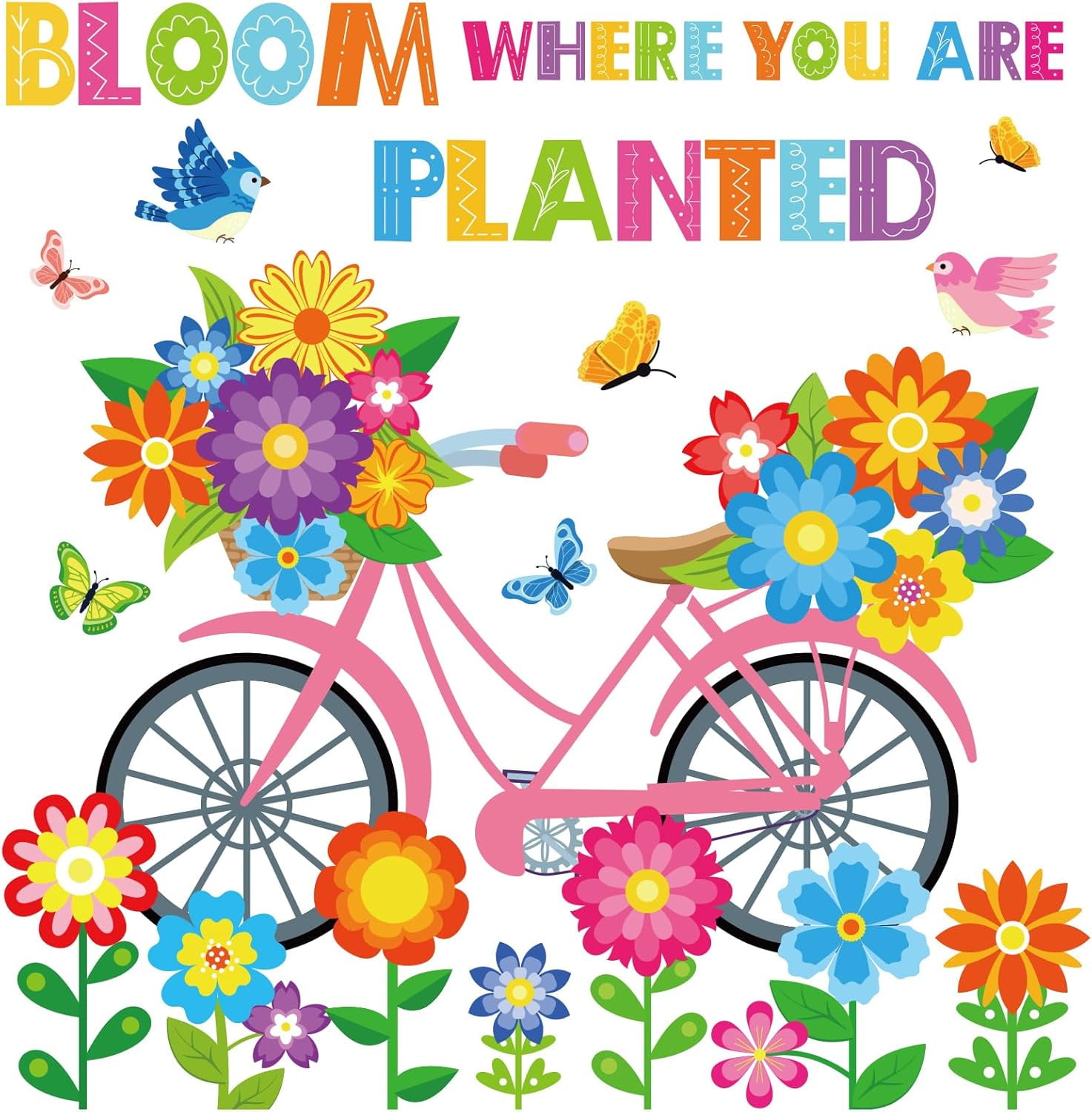 XD4-60Pcs Spring Flower Bulletin Board Decor Set Floral Bicycle Leaves ...