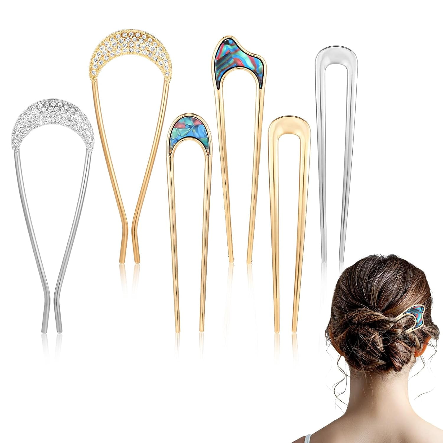 XD4-6pcs Metal French Hair Pins for Buns,Hair Fork for Thick Hair,U ...