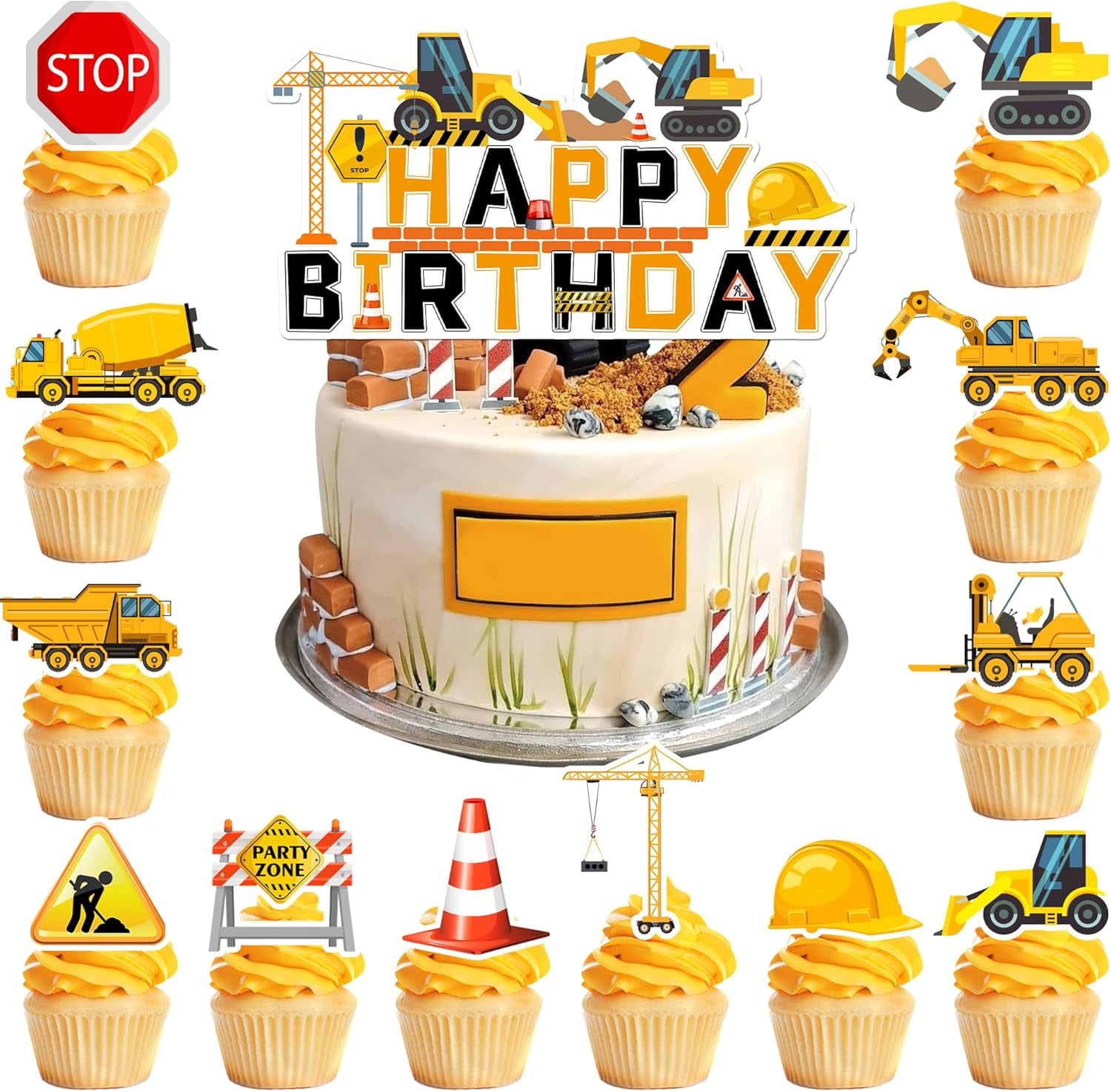 XD4-Construction Cake Topper, 13 Pcs Construction Cake Decorations Set ...