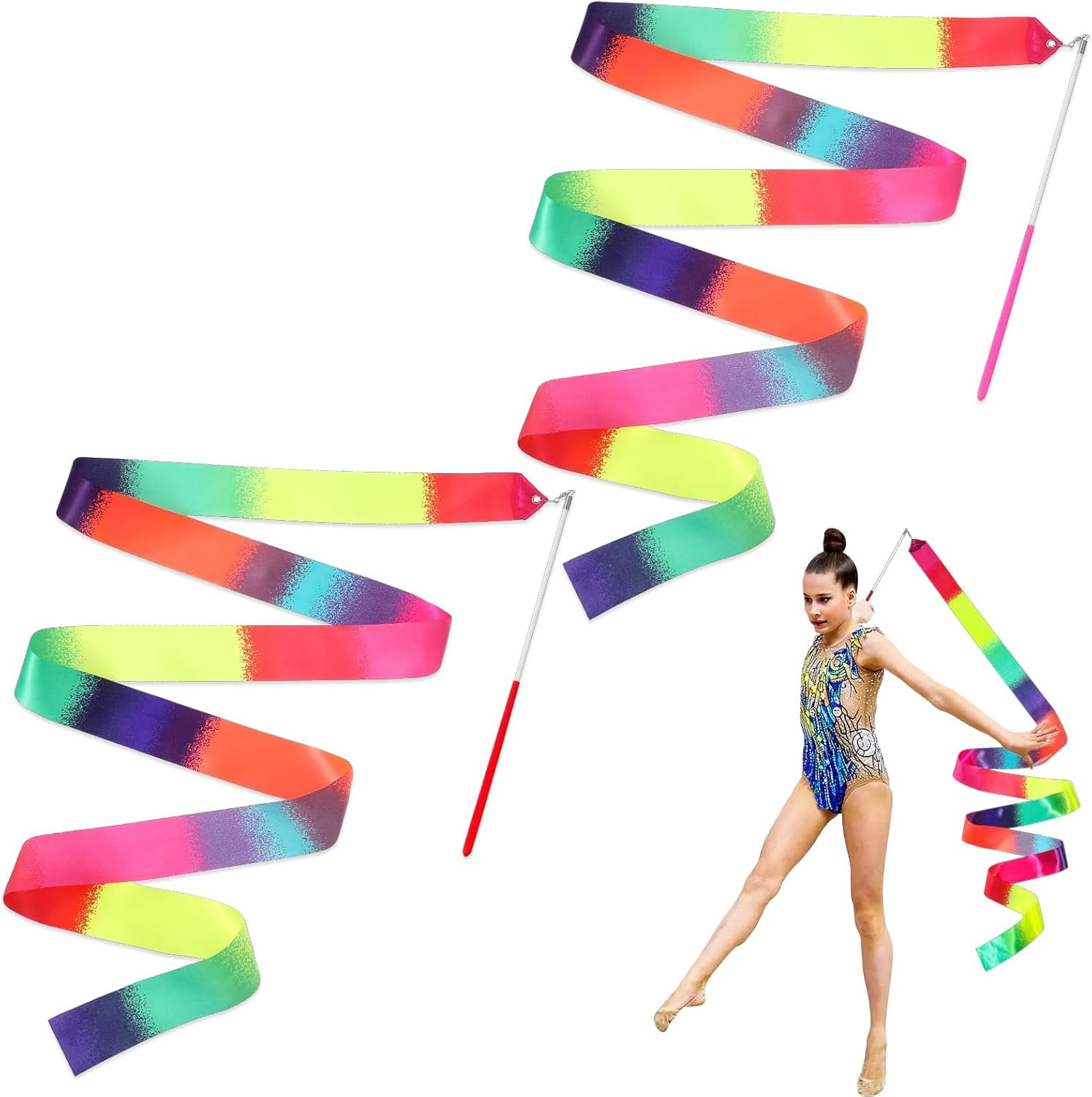 XD4-Dance Rainbow Streamers, 2 Pcs Ribbon Dancer Wand Rhythmic ...
