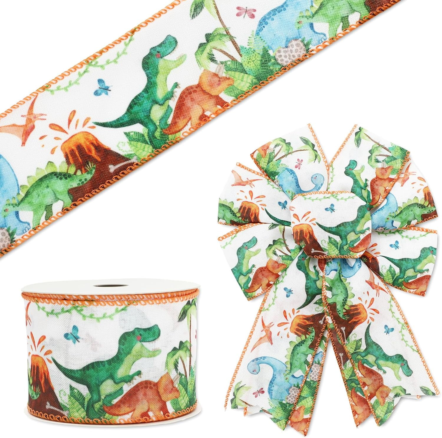 XD4-Dinosaur Wired Edge Ribbon Watercolor Green Jurassic Craft Ribbon ...