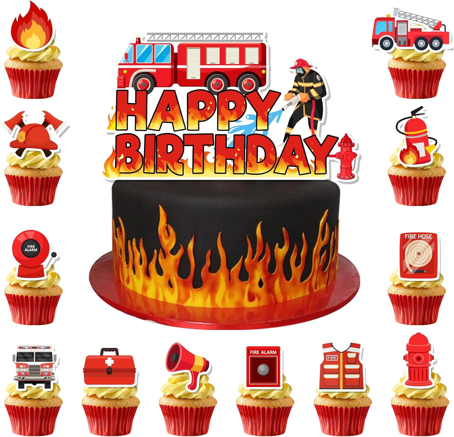 XD4-Fire Truck Cake Topper, 25 Pcs Fire Truck Cake Decorations Pack ...