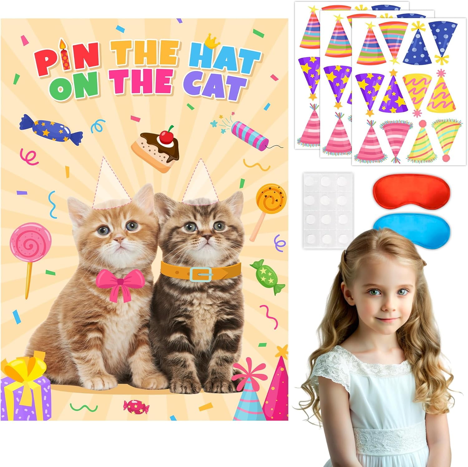 XD4-Pin The Hat on The Cat Party Games, 7 Pcs Cat Birthday Party Games ...