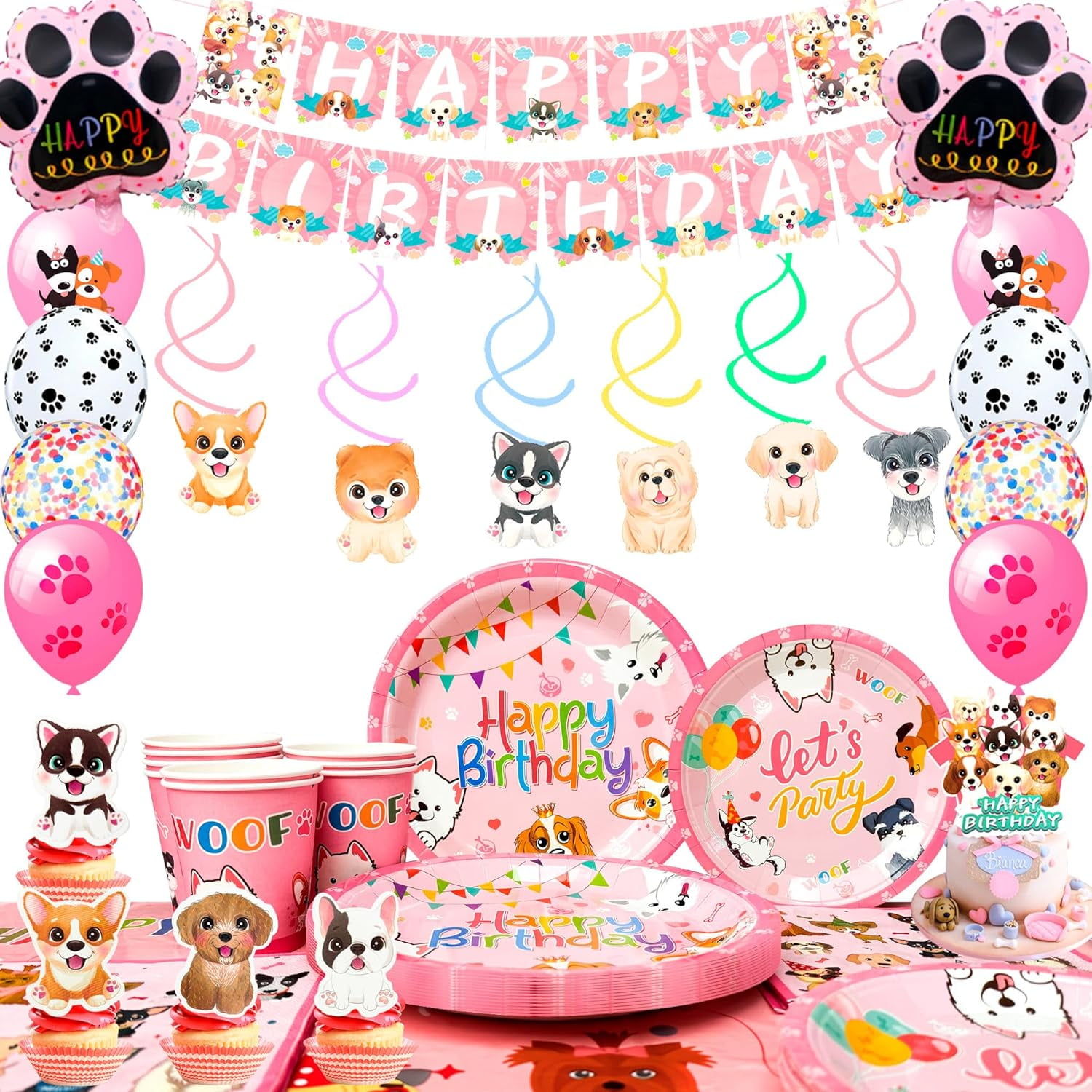 XD4-Puppy Birthday Decorations, Pink Dog Tableware for 16 Guests Pink ...