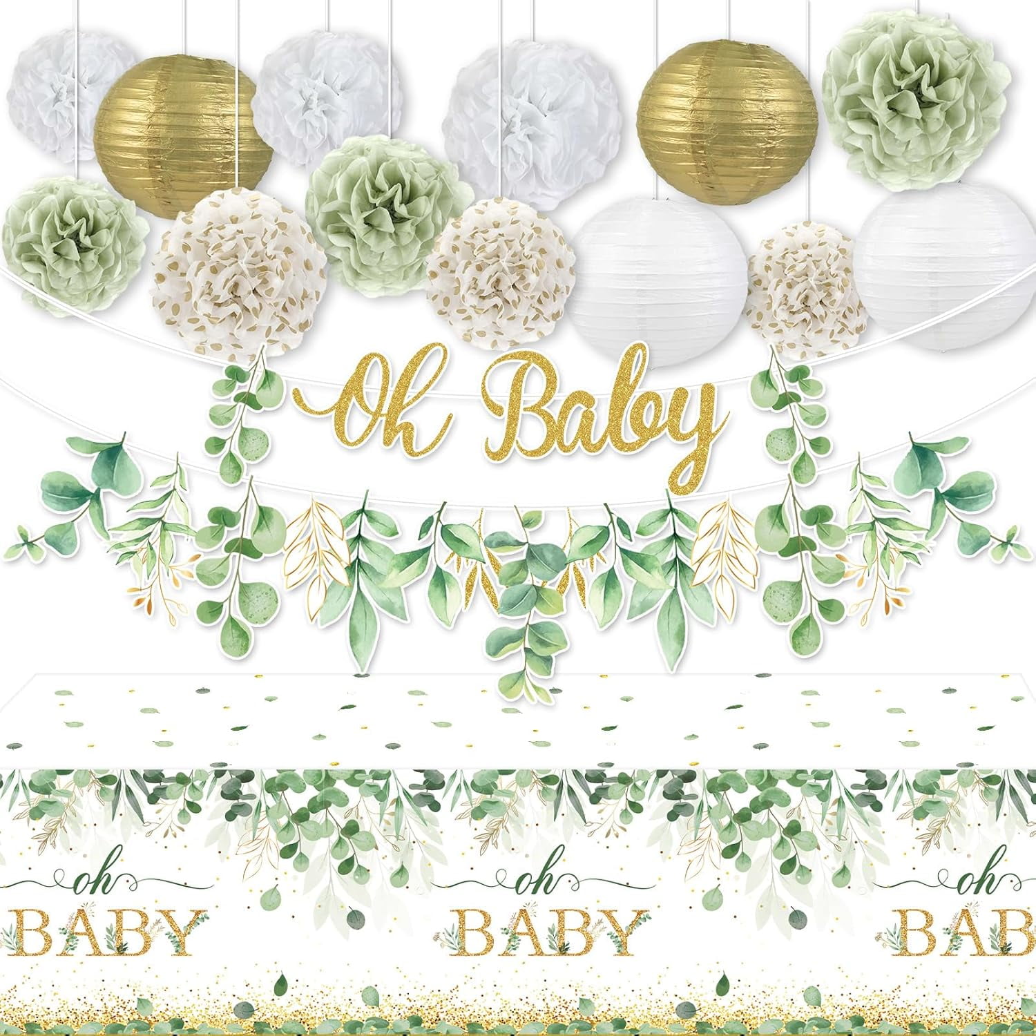 XD4-Sage Green Gold Baby Shower Decorations Sage Green Oh Baby Banner ...