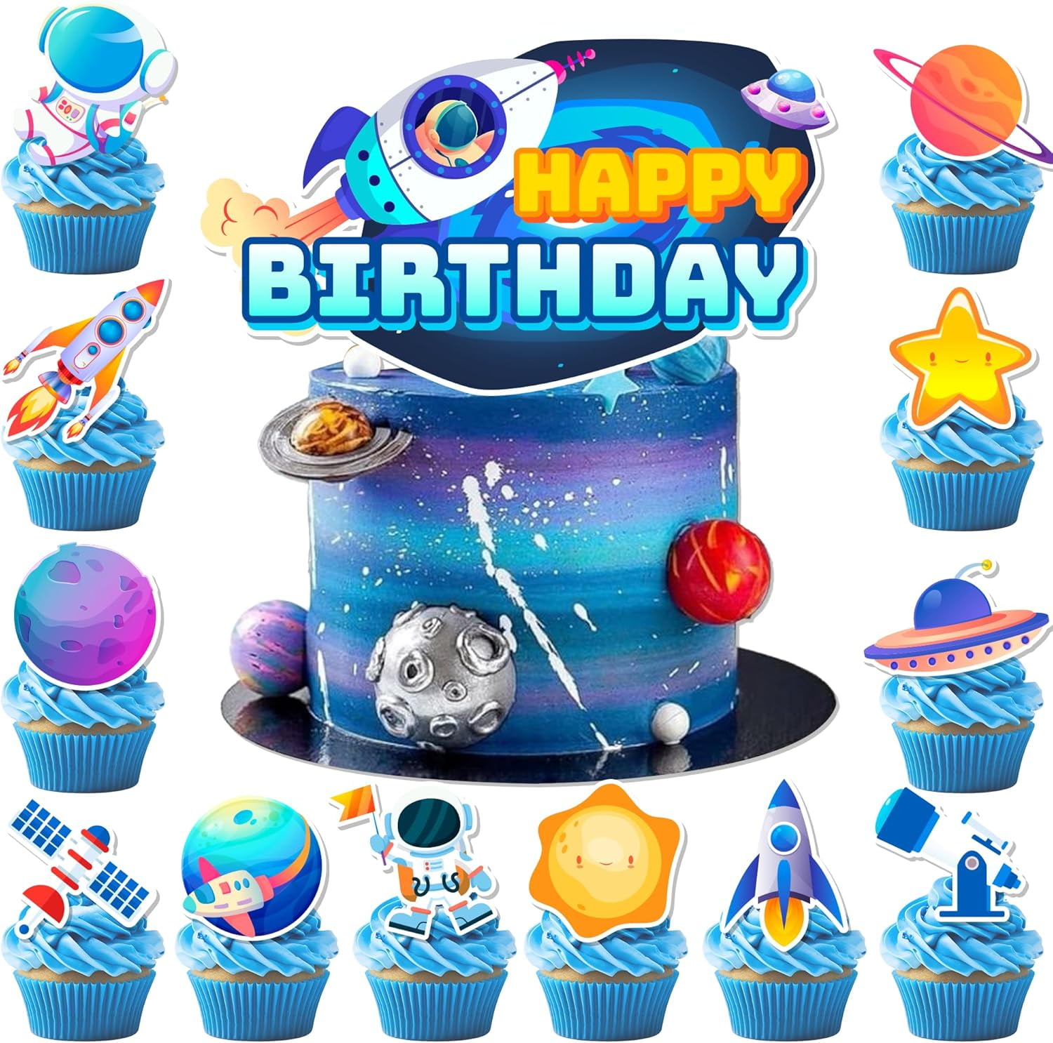 XD4-Space Cake Topper, 25 Pcs Space Cake Decorations - 1 Space Theme ...