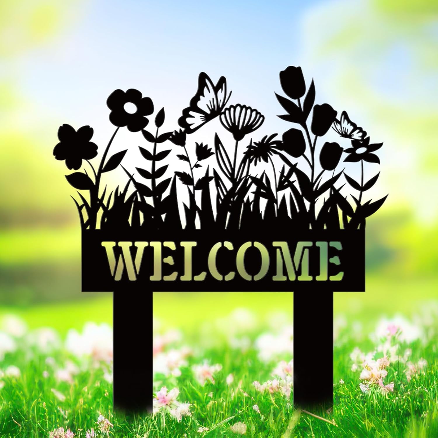 XD4-Welcome Metal Yard Sign Spring Wildflower Silhouette Black Garden ...