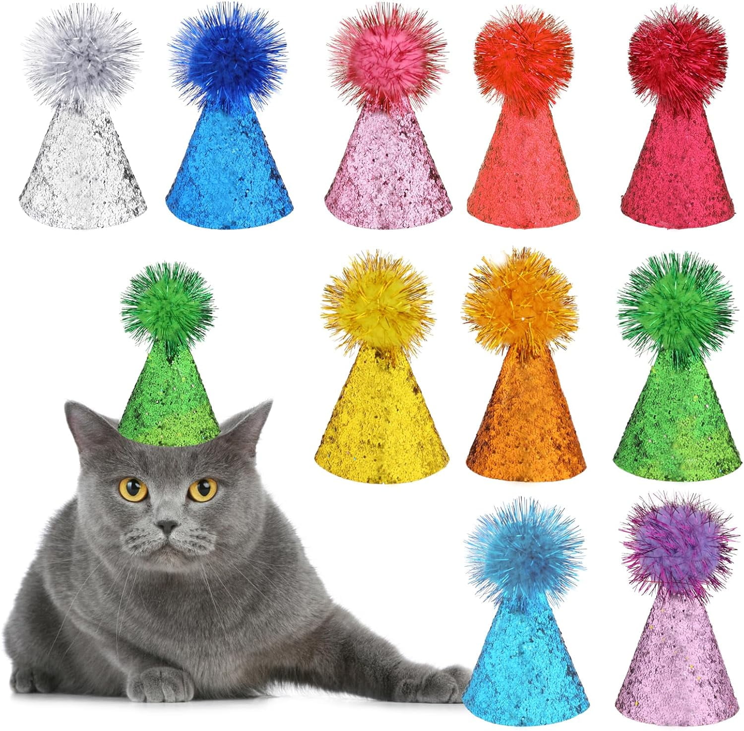 XD5-10 Packs Multi-Color Cat Birthday Hat Cute Dog Party Hats with Pom ...