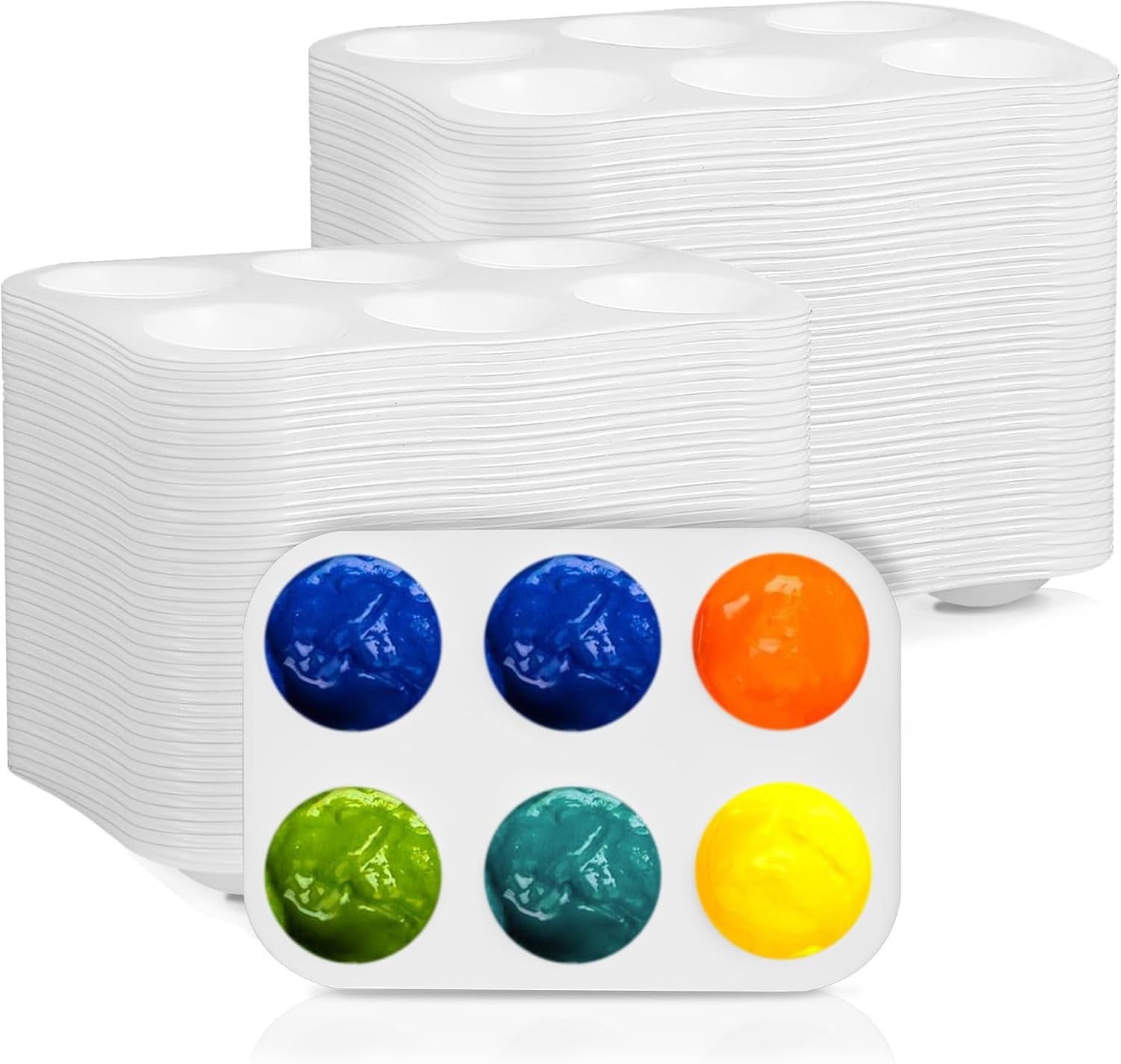 XD5-100 Pcs White Plastic Paint Palette 6 Well Rectangular Watercolor ...